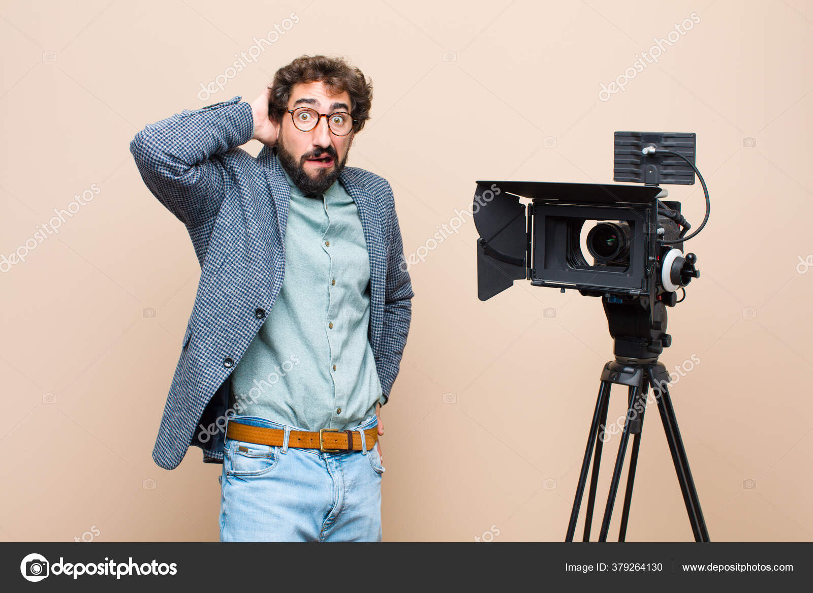 Television Presenter Feeling Stressed Worried Anxious Scared Hands Head ...