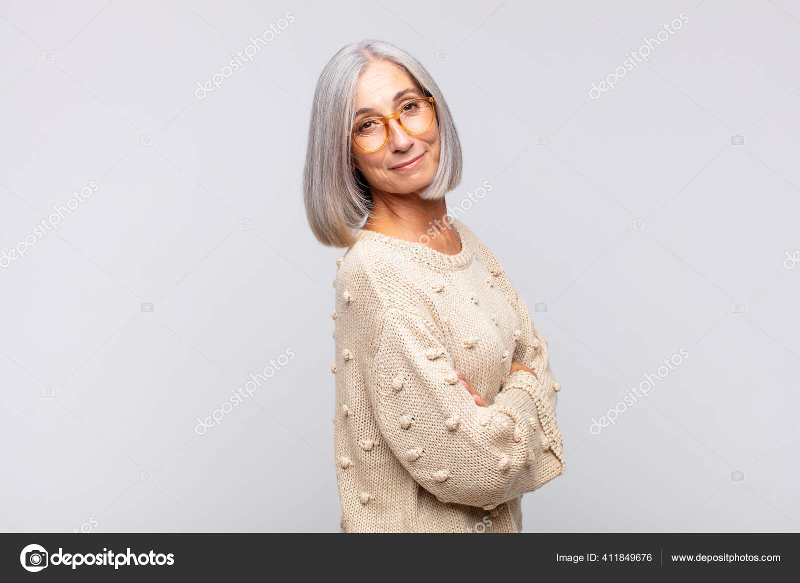 Gray Haired Woman Smiling Gleefully Feeling Happy Satisfied Relaxed ...