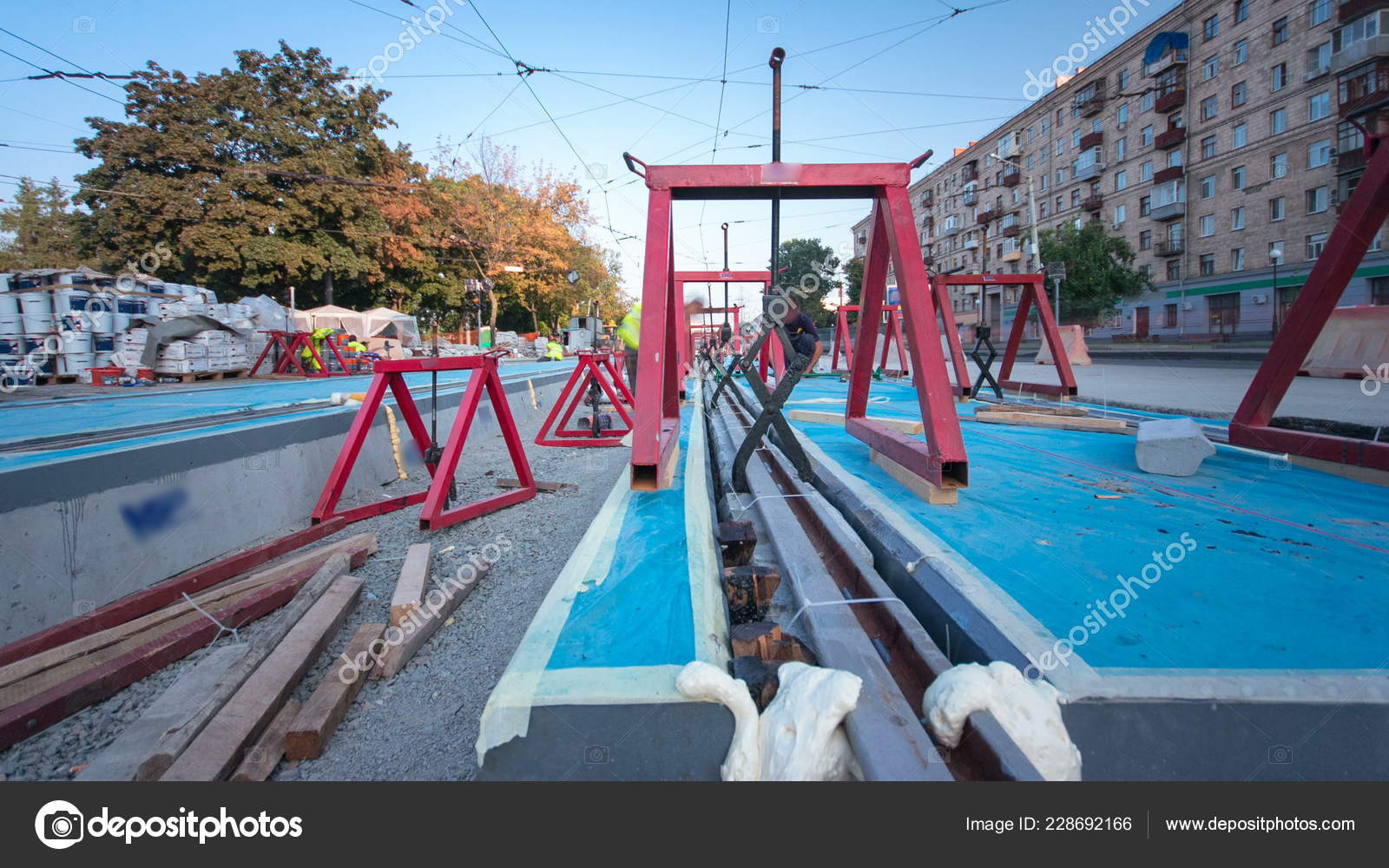 Tram Rails Stage Installation Integration Concrete Plates Road ...