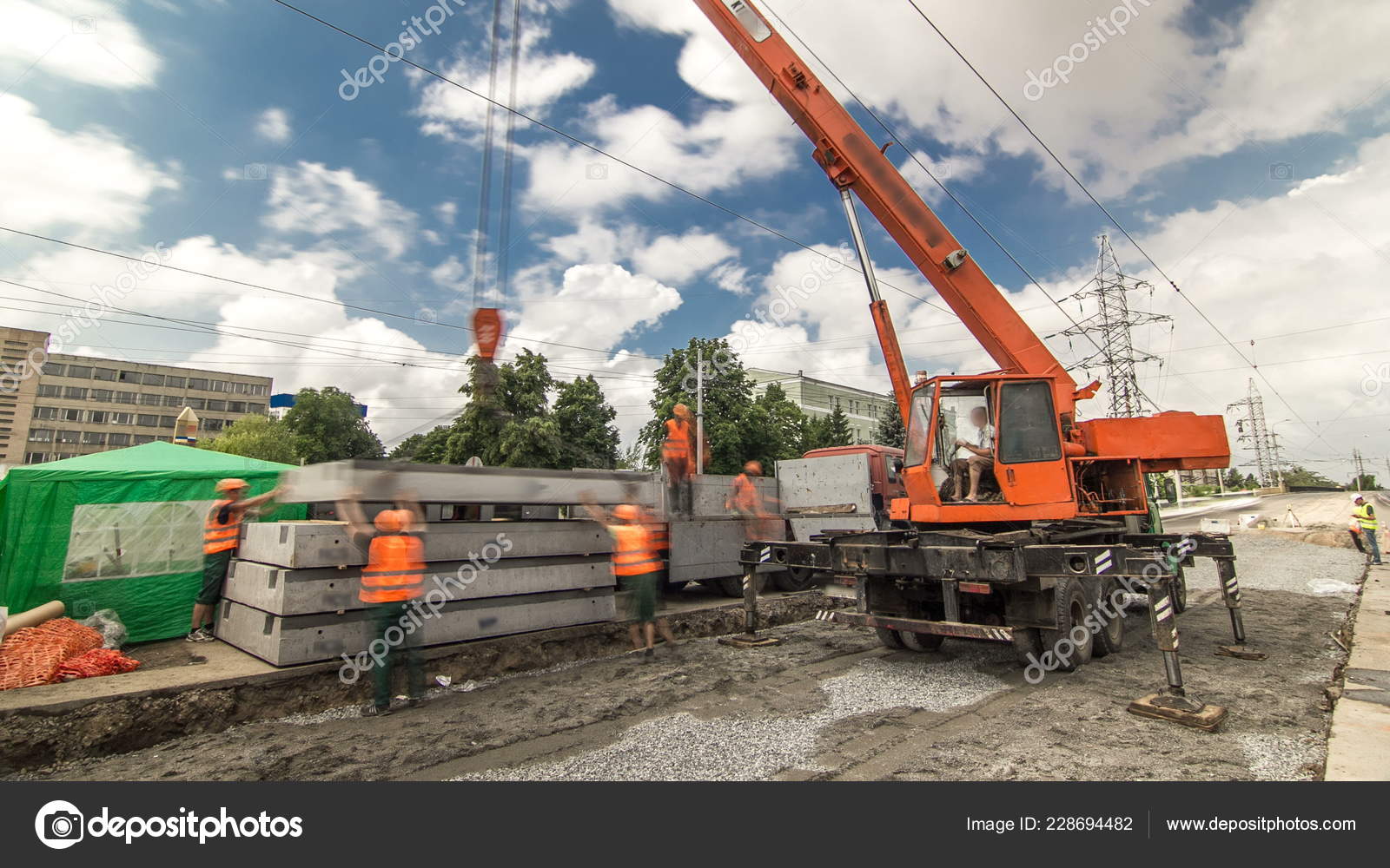 Unloading Concrete Plates Truck Crane Road Construction Site Timelapse ...