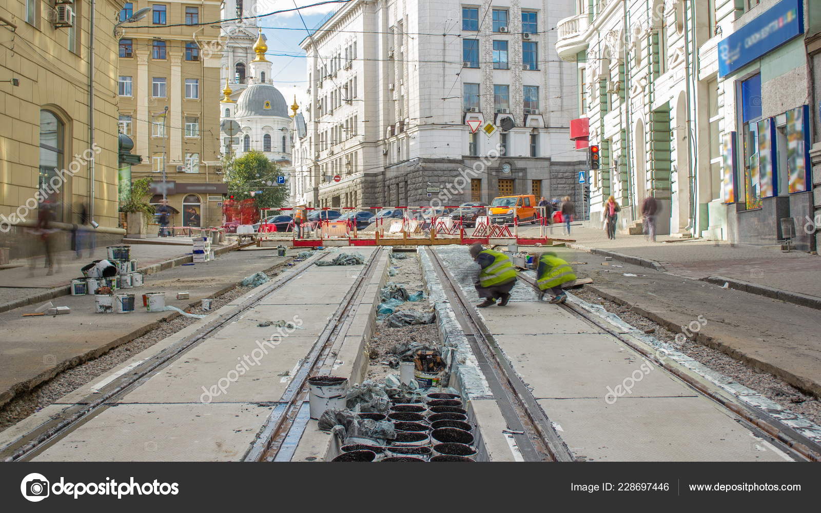Workers Cleaning Railway Tram Line Construction Works Modern Railway ...