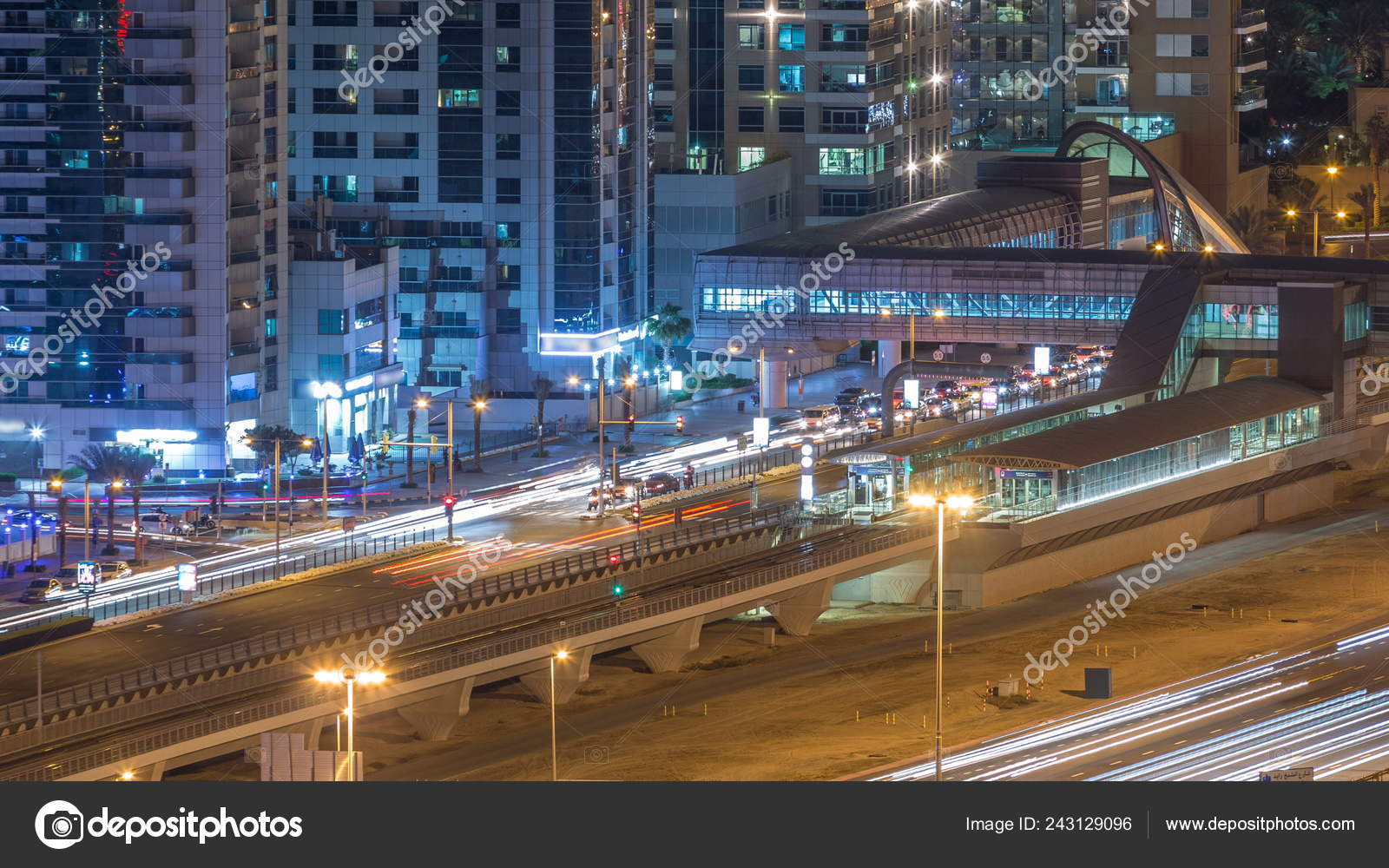 Aerial View Dubai Tram Dubai Marina Night Timelapse Dubai Tram Stock ...
