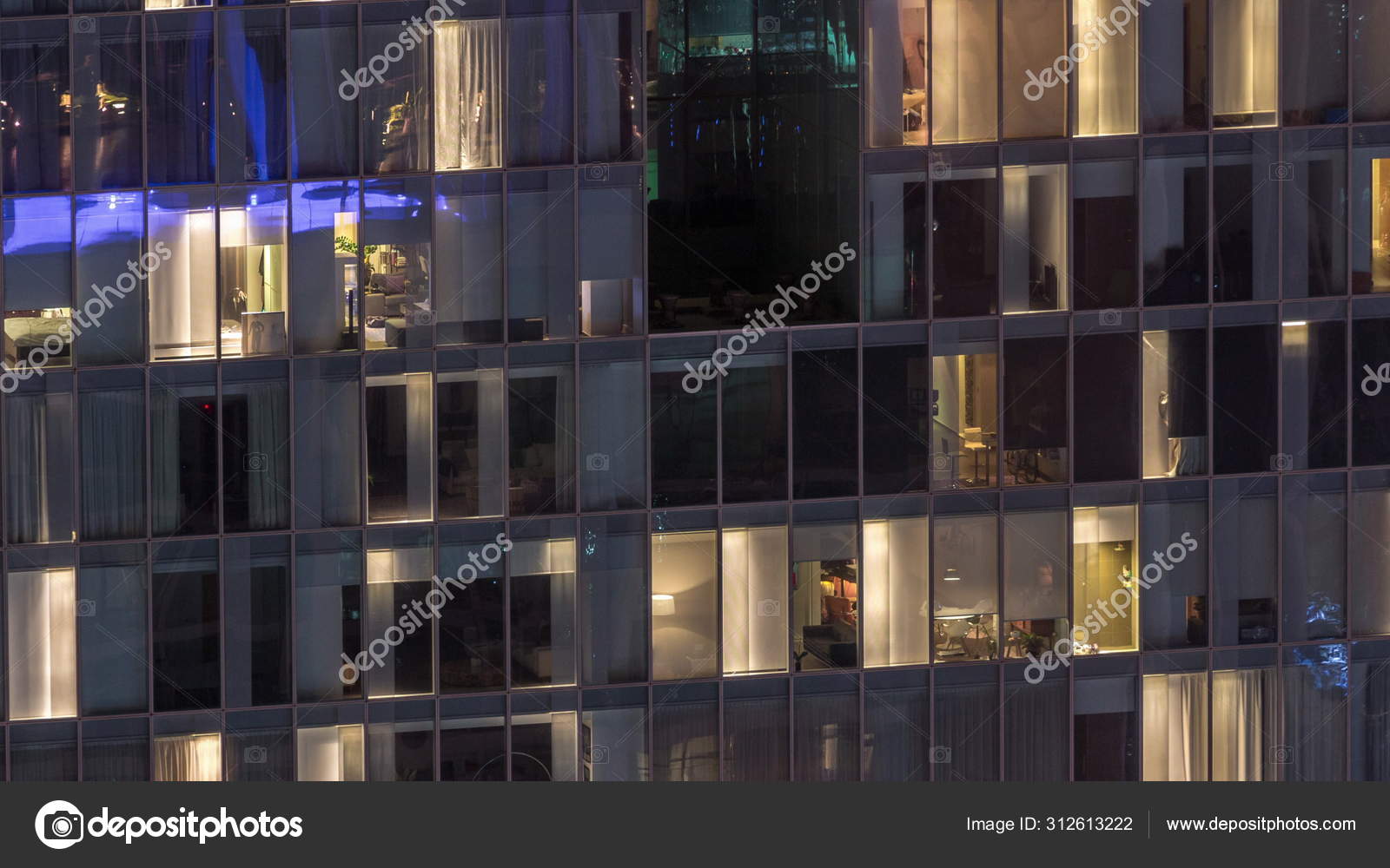 Night view of exterior apartment tower timelapse. High rise skyscraper ...