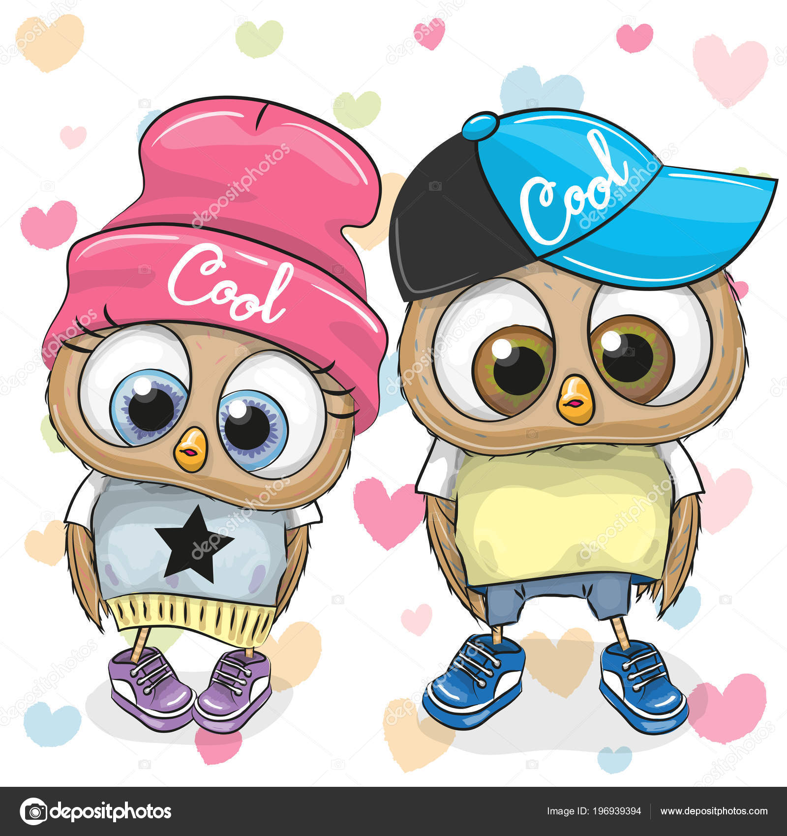 Two Cute Cartoon Owls White Gray Background — Stock Vector ...