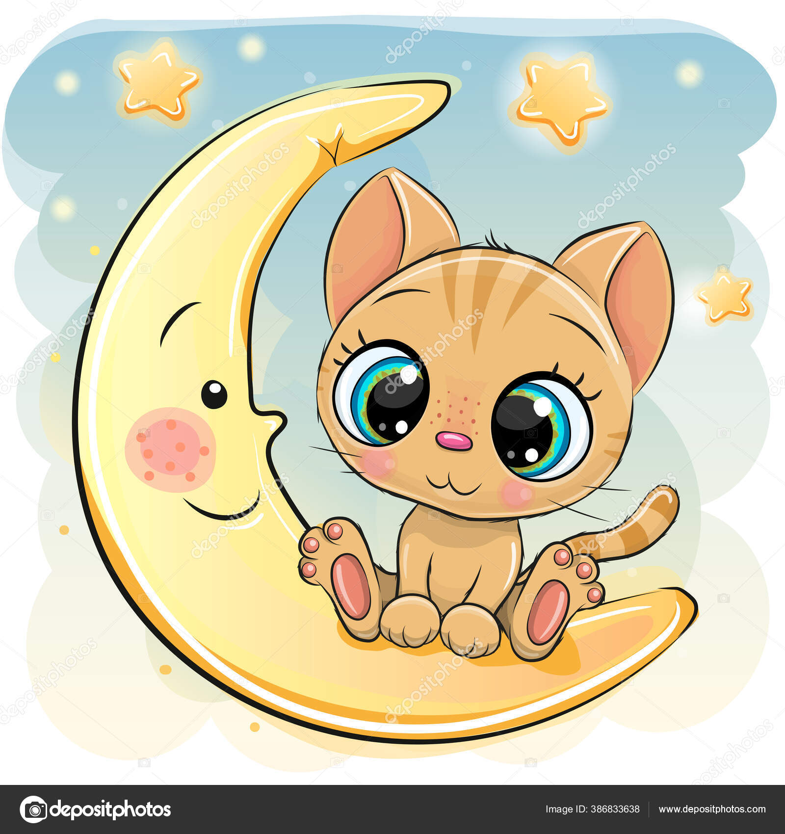 Cute Cartoon Kitten Sitting Moon — Stock Vector © Reginast777 #386833638
