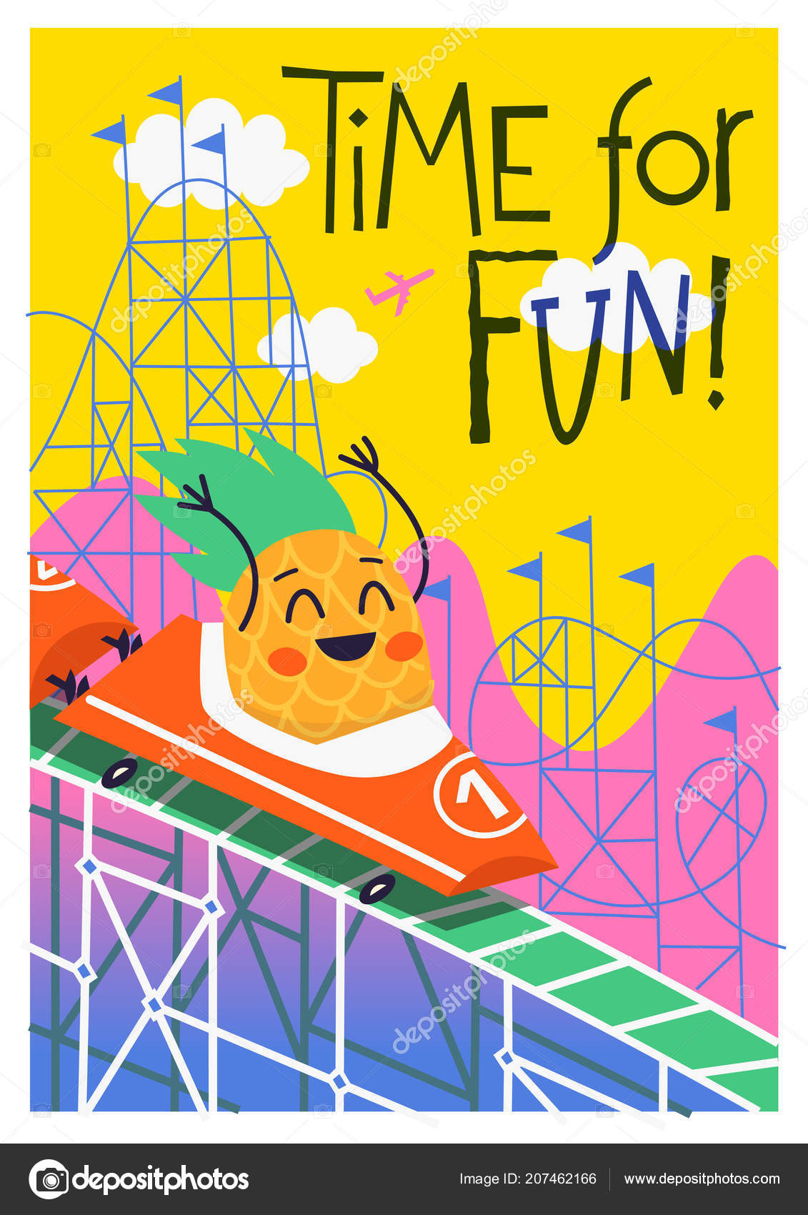 Summer fun poster with pineapple character riding in roller coaster ...