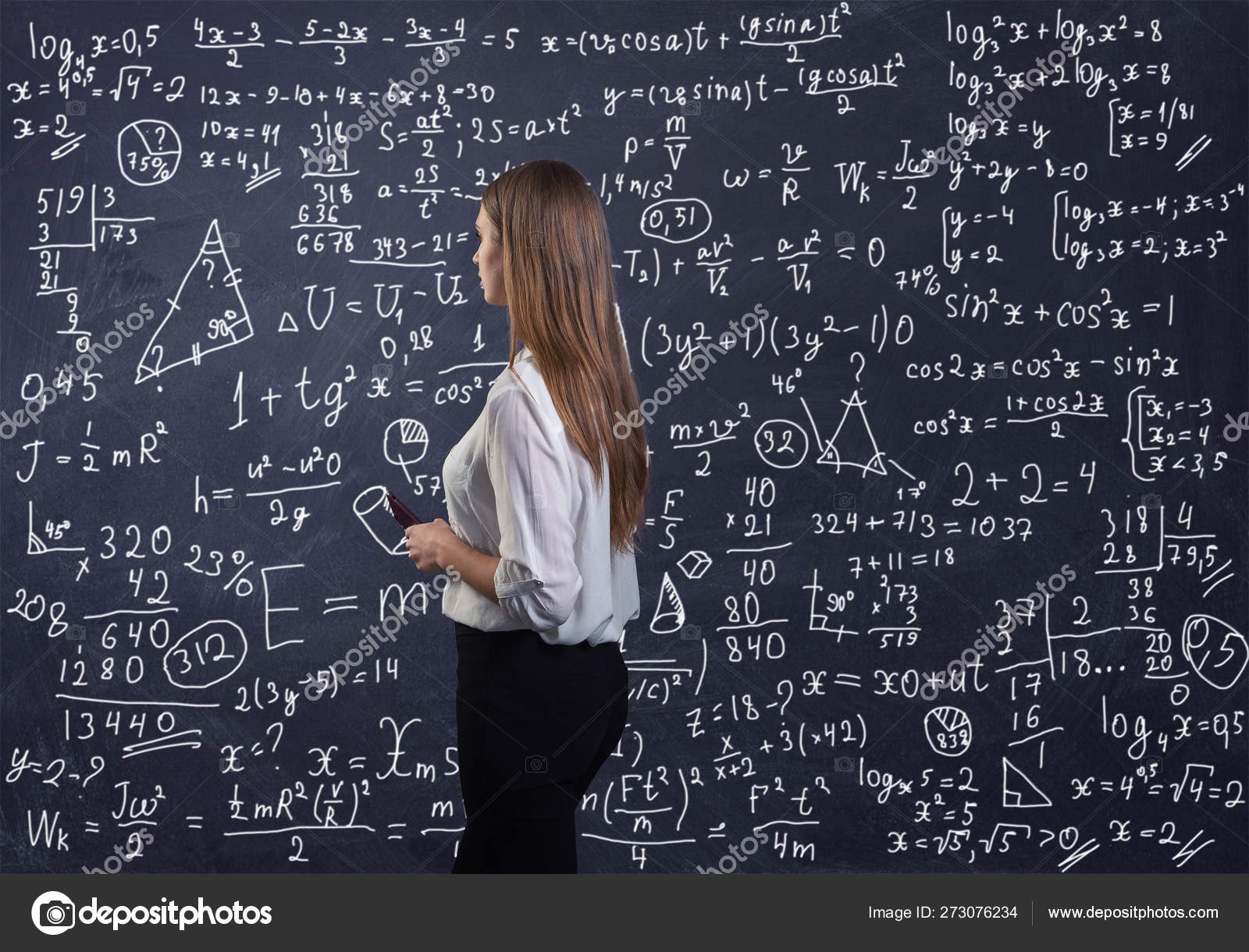 Beautiful woman thinking how to solve a math problem — Stock Photo ...
