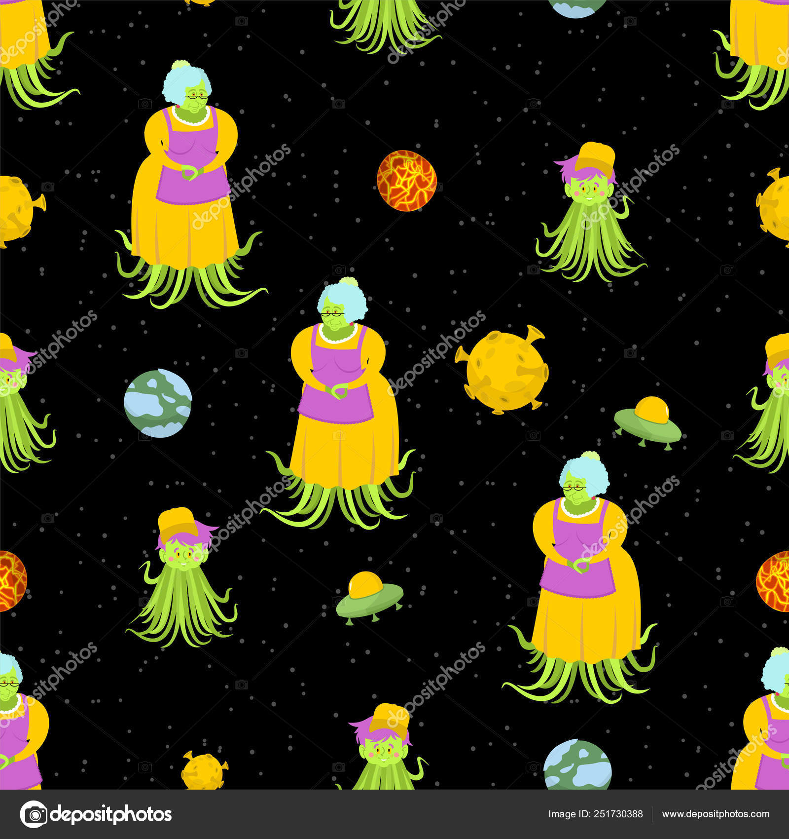 Grandmother alien and Grandson pattern seamless. Green Grandma T Stock ...