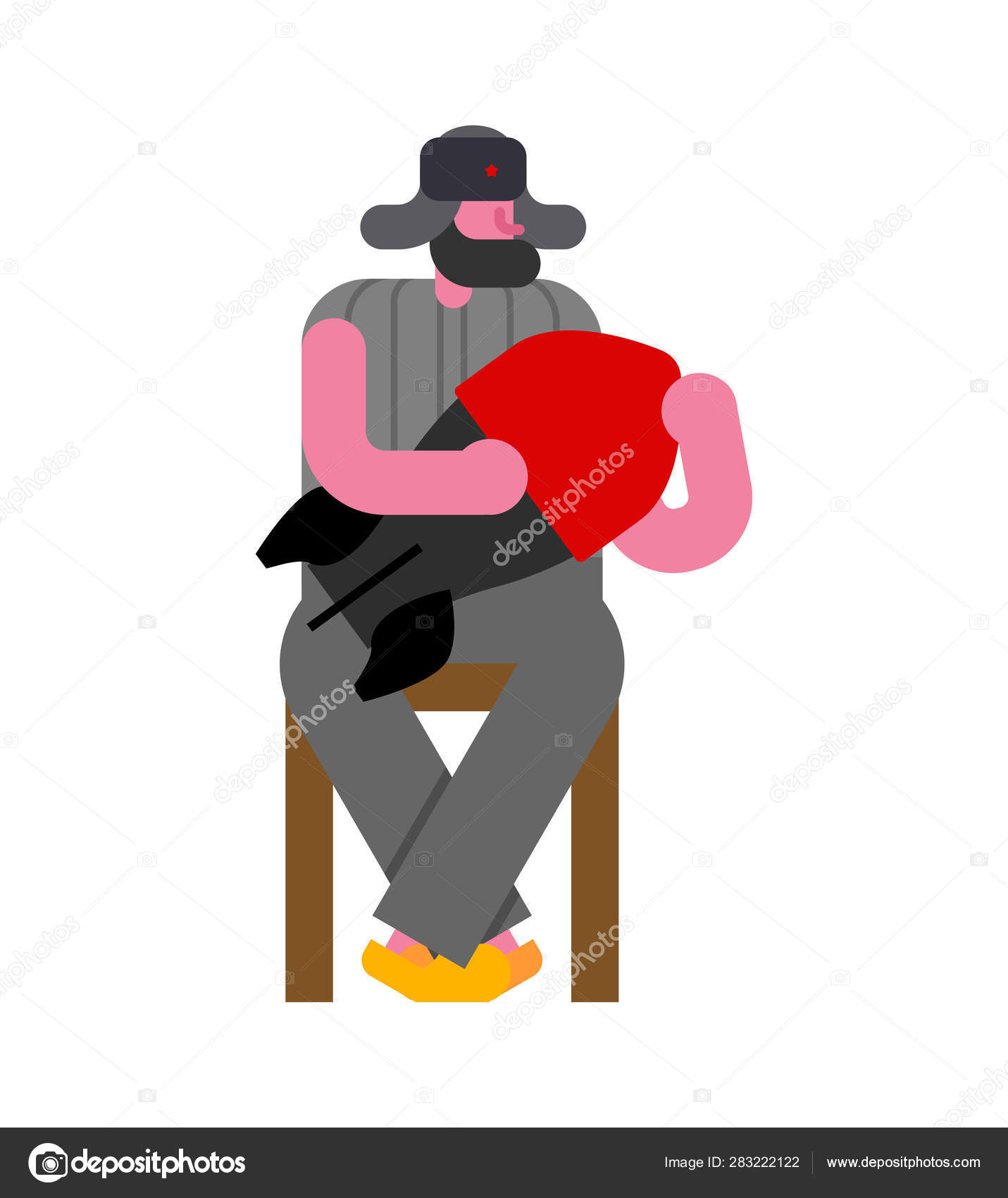 Russian bomb. Man and rocket. National Folk hut. Wooden house. N Stock ...