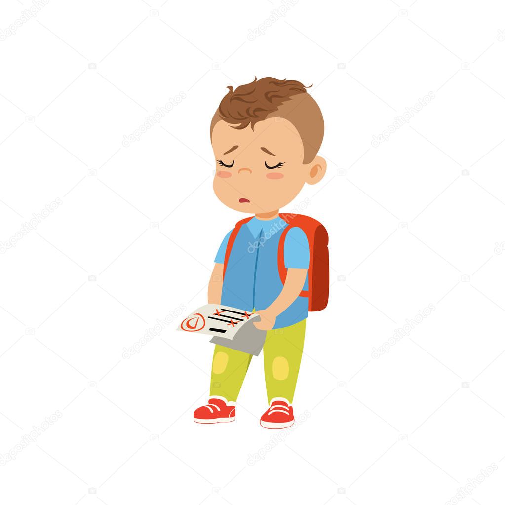 Sad little schoolboy holding test paper with bad mark vector ...