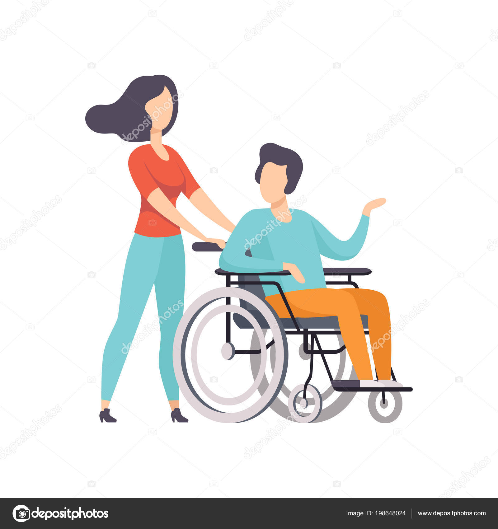 Girl pushing wheelchair with disabled man, girl supporting her friend ...