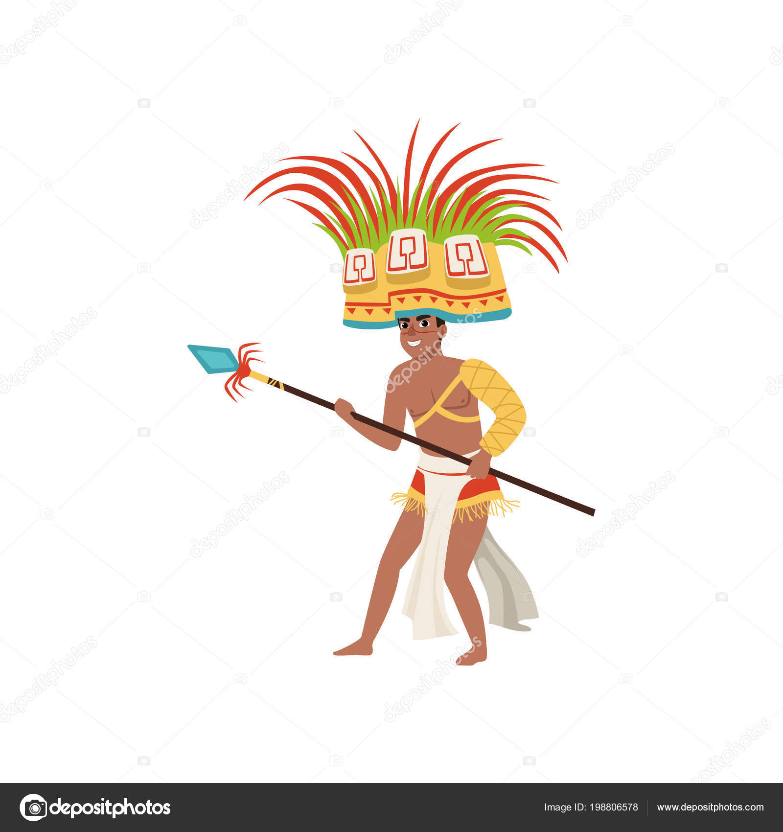 Aztec warrior man character in traditional clothes and headdress with ...