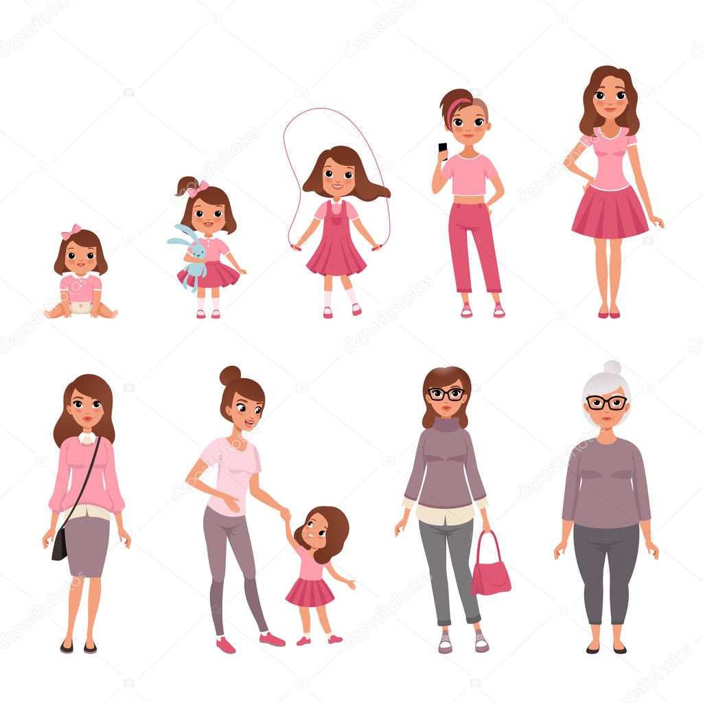 Life cycles of woman, stages of growing up from baby to woman vector ...