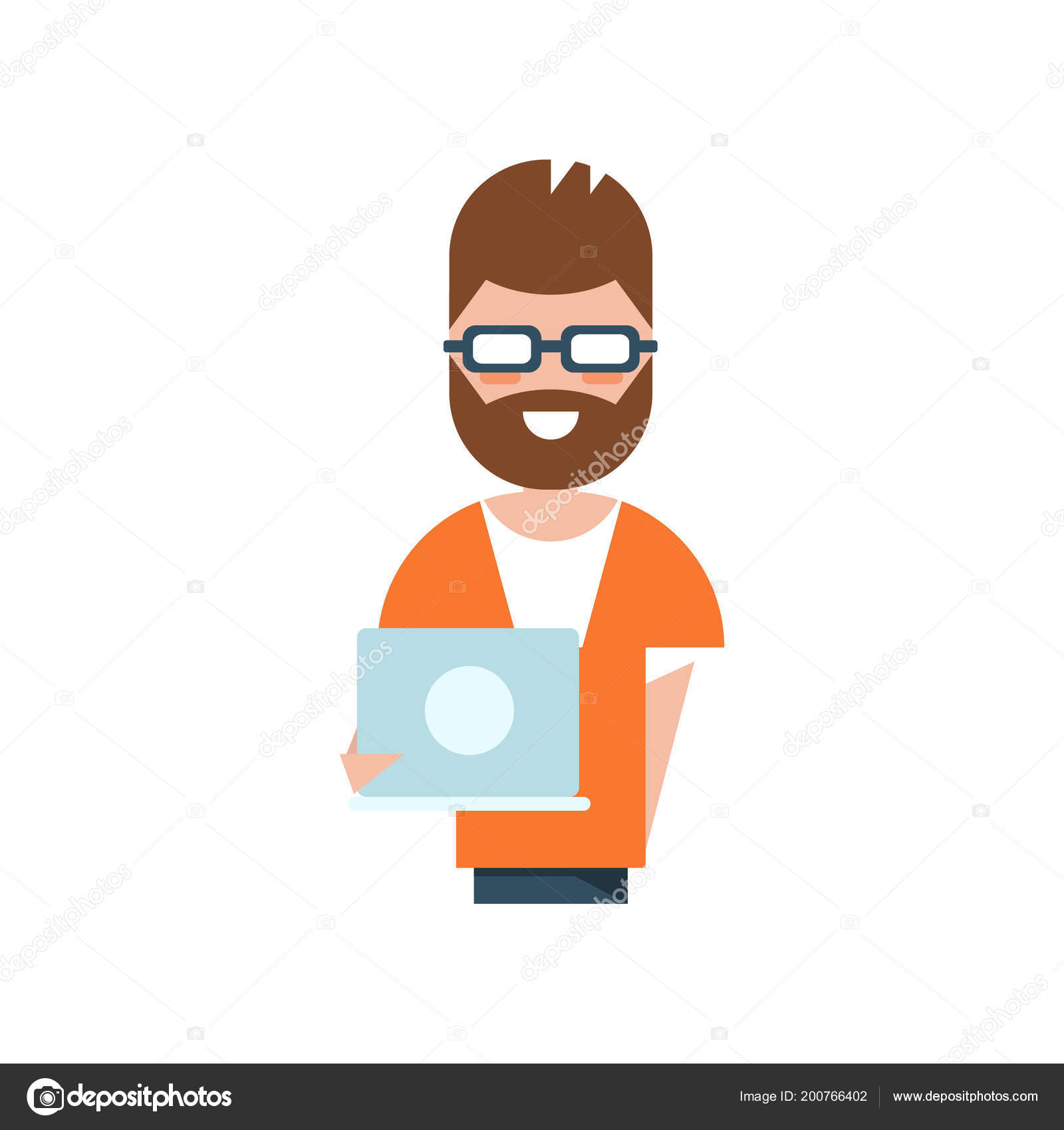 Professional programmer charatcter, smiling man holding laptop computer ...