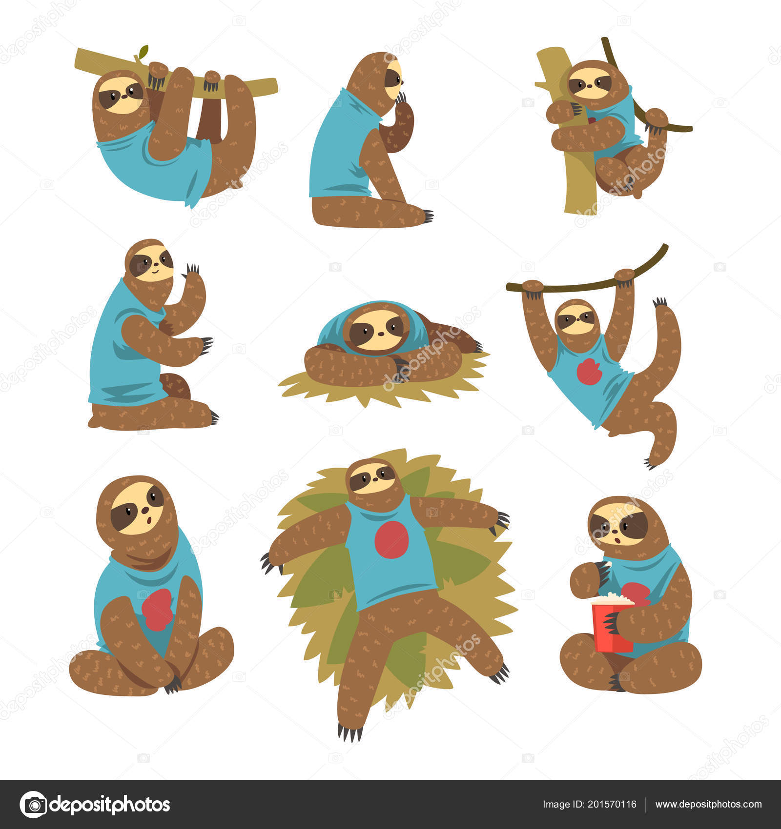 Funny sloths set, lazy exotic rainforest animal character in different ...