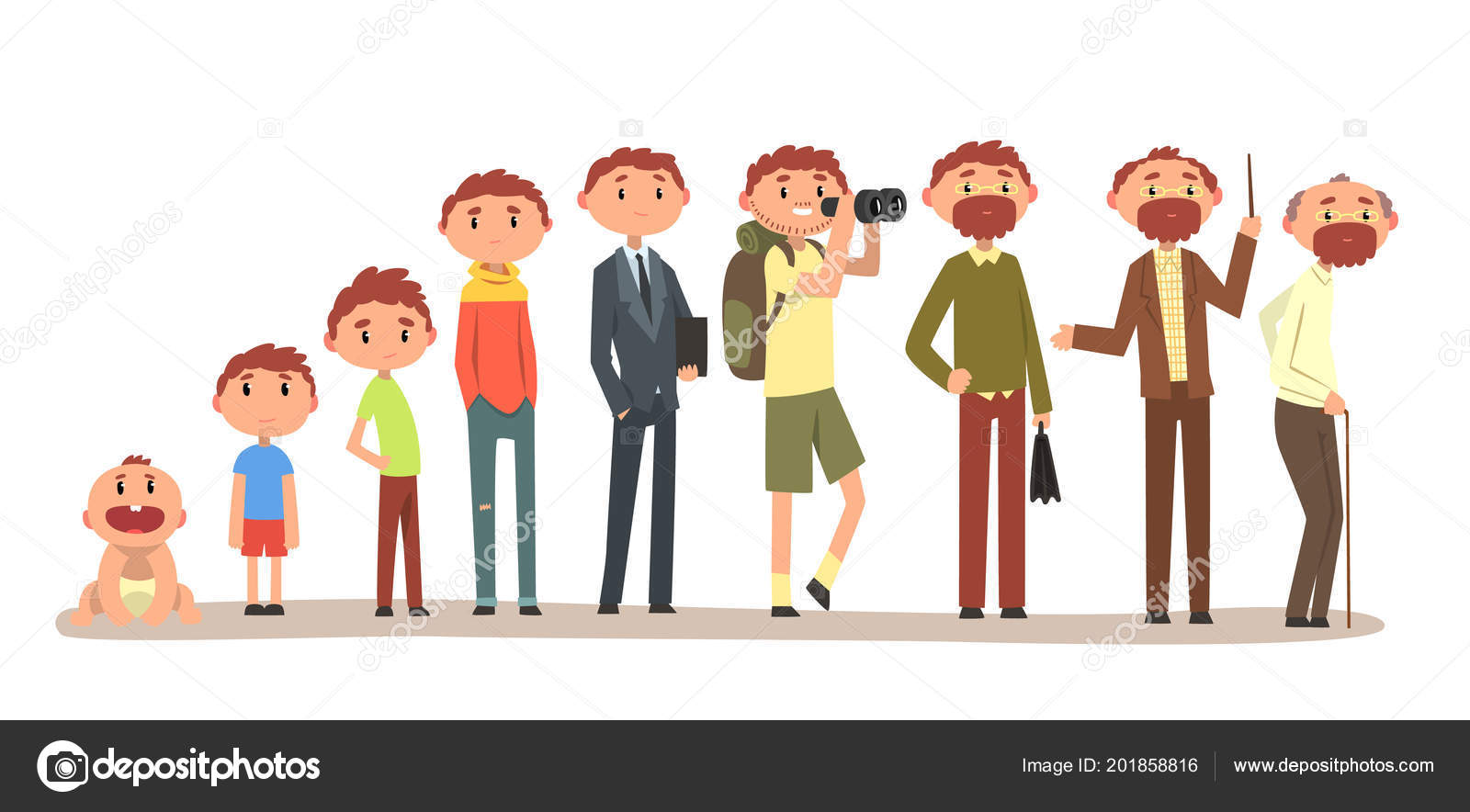Growing up of a man from infant to grandfather, cycle of life vector ...