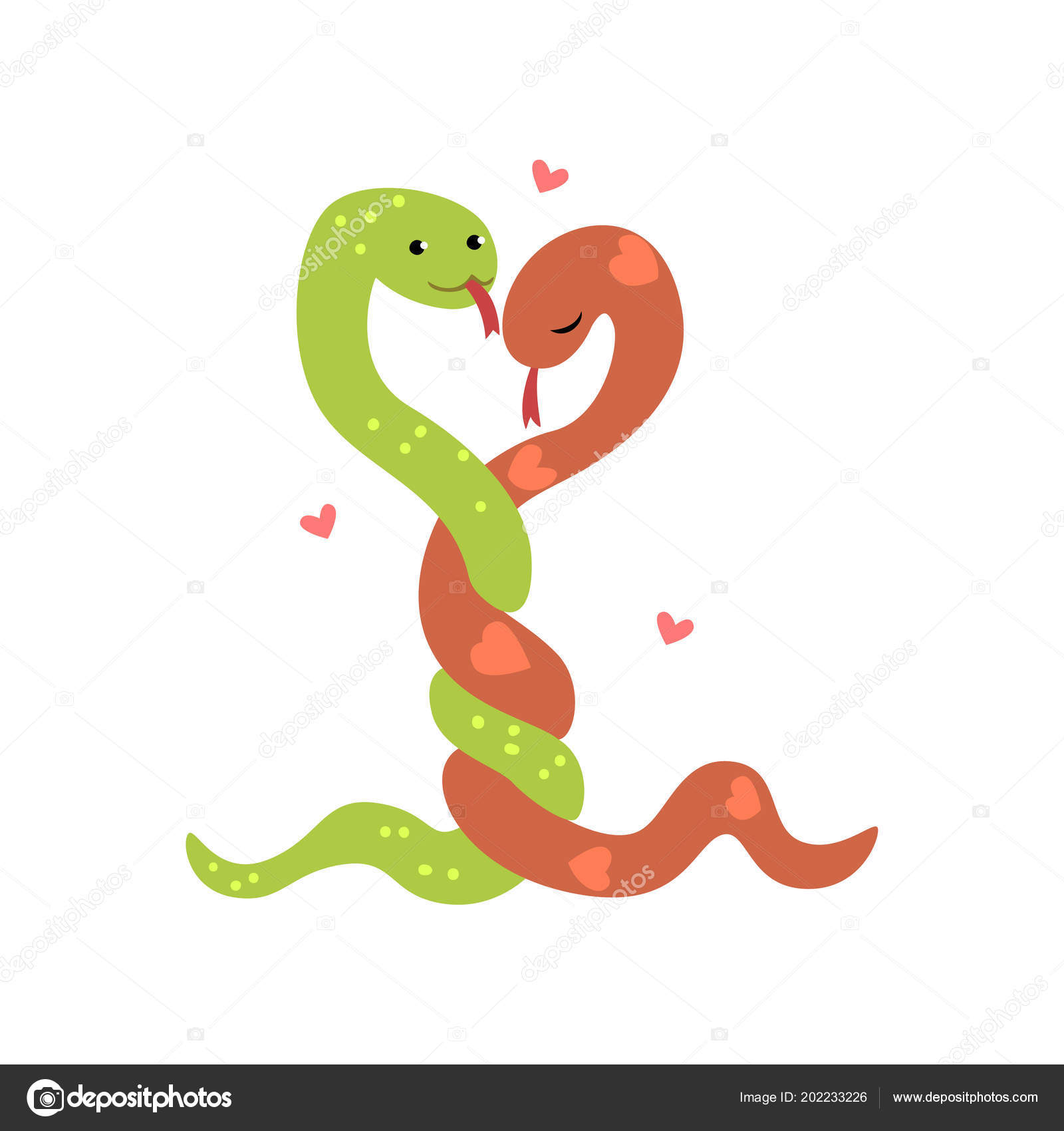 Couple of cute snakes in love embracing each other, two happy aniimals ...