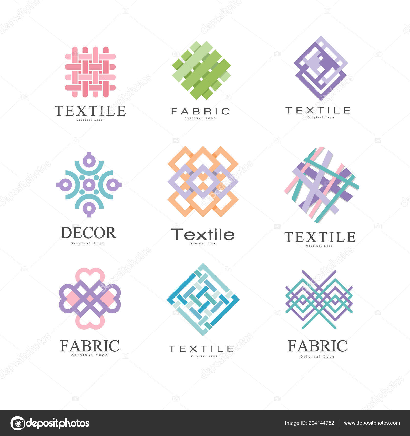 Flat vector set of original logos for fabric or textile shop. Colorful ...