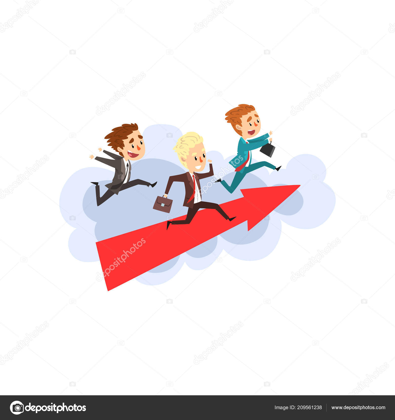 Businessmen running together on big arrow in clouded sky, competition ...