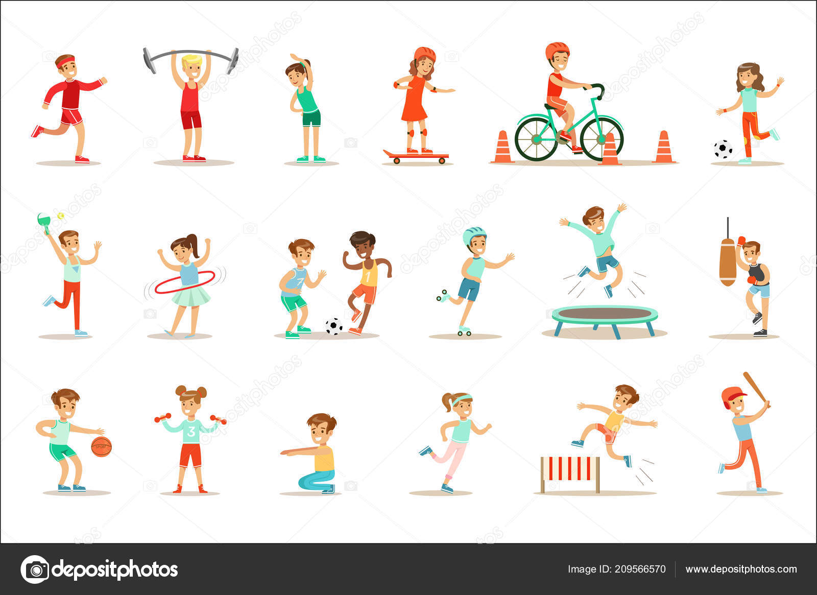 Kids Practicing Different Sports And Physical Activities In Physical Education Class Gym And ...