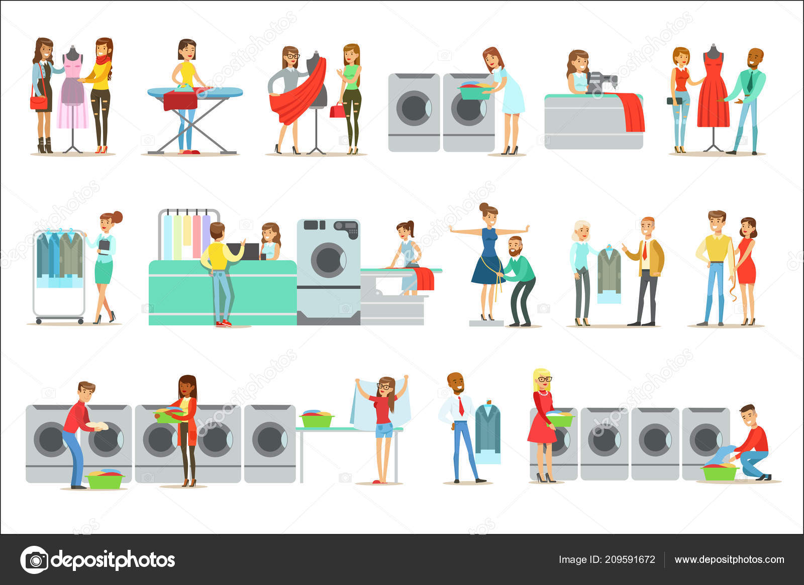 People At The Laundry, Dry Cleaning And Tailoring Service Set Of ...
