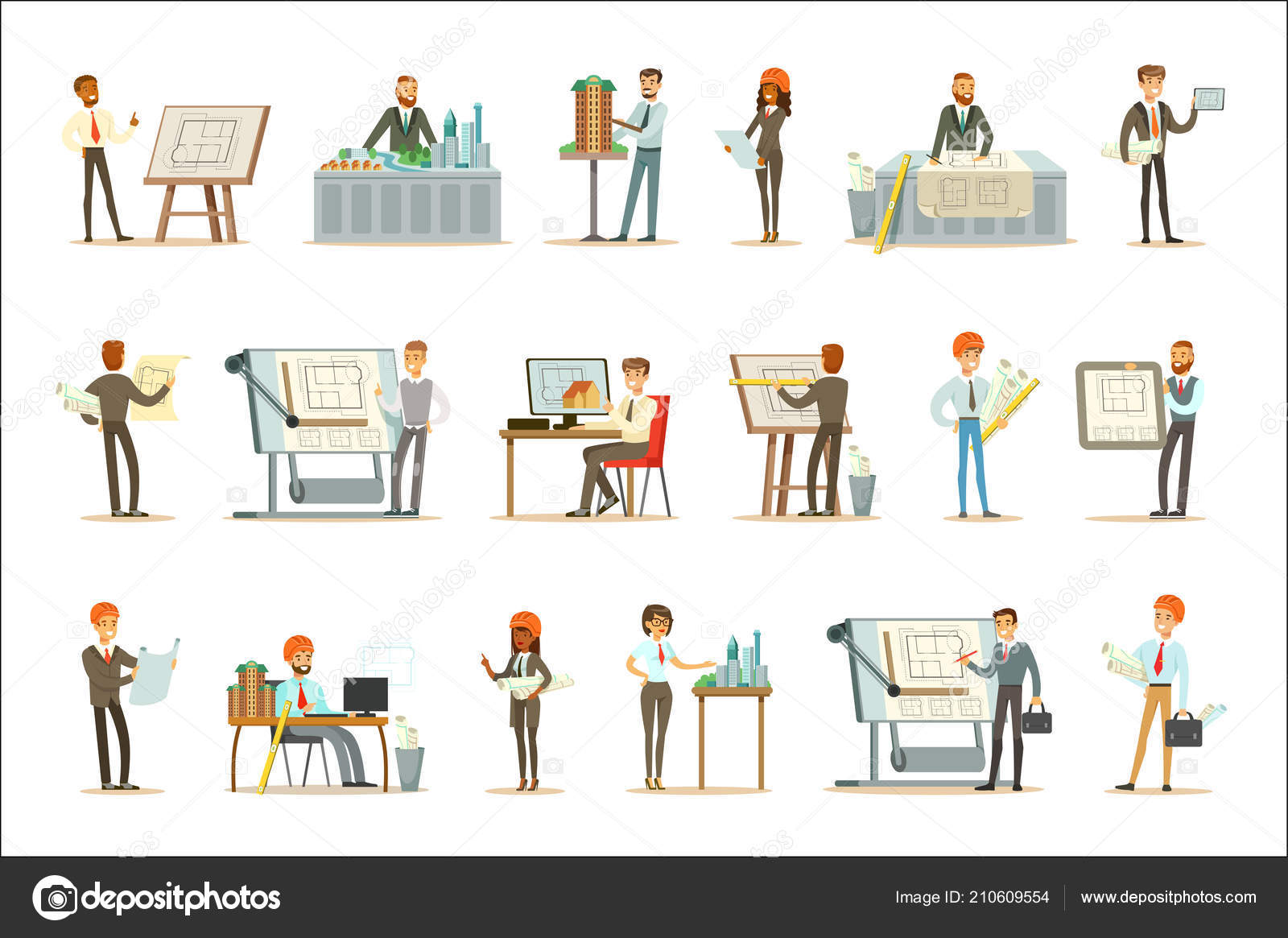 Architect Profession Set Of Vector Illustrations With Architects ...