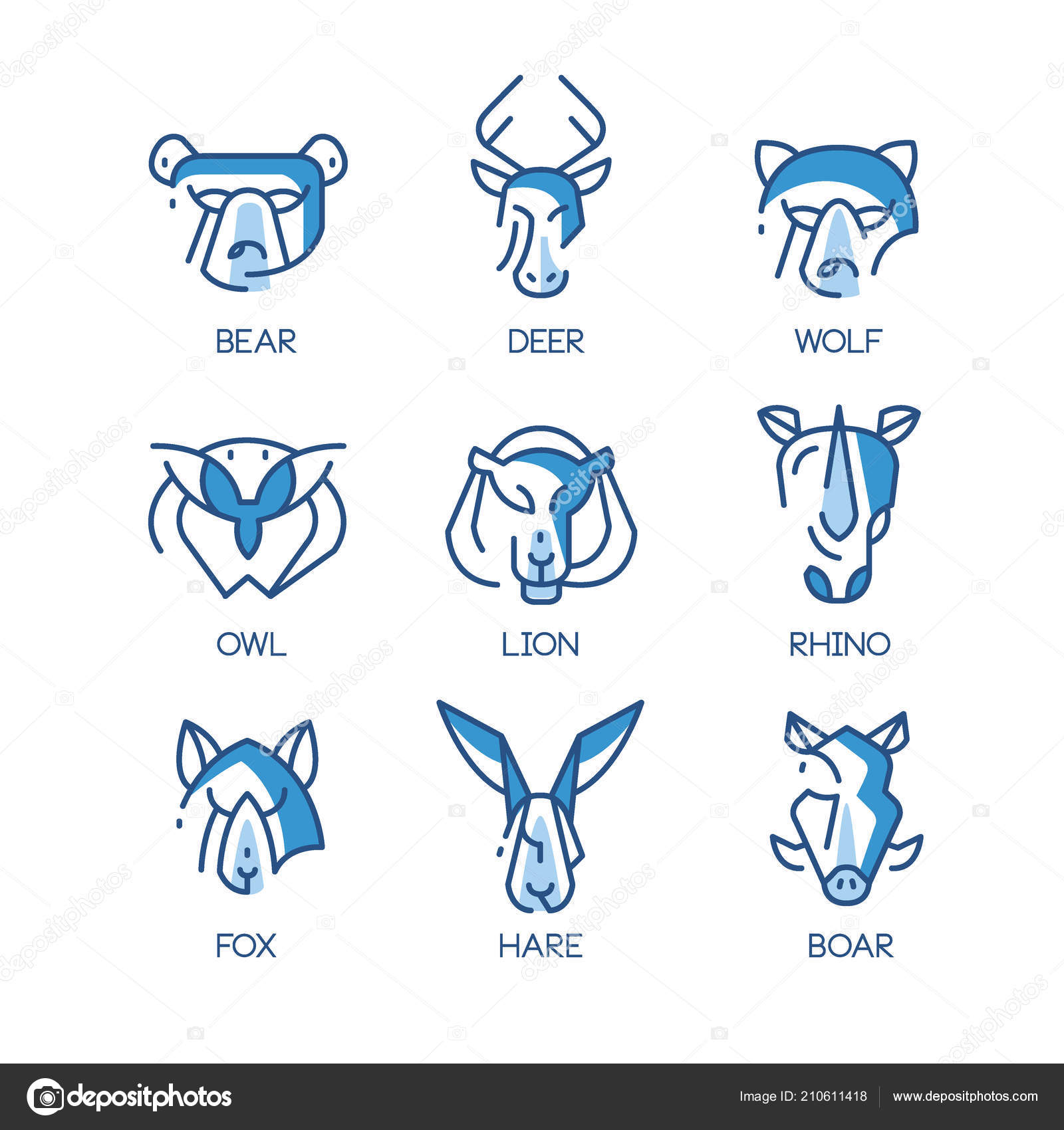 Animal logo design set, emblems with head of bear, wolf, rhino, lion ...