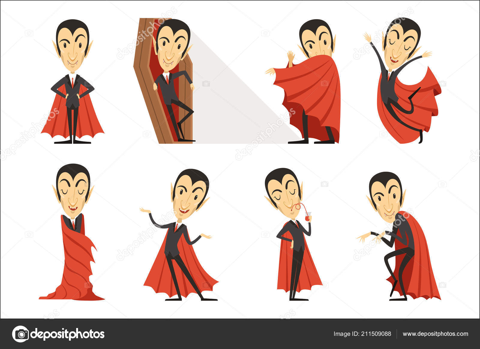 Count Dracula wearing red cape. Set of cute cartoon vampire characters ...