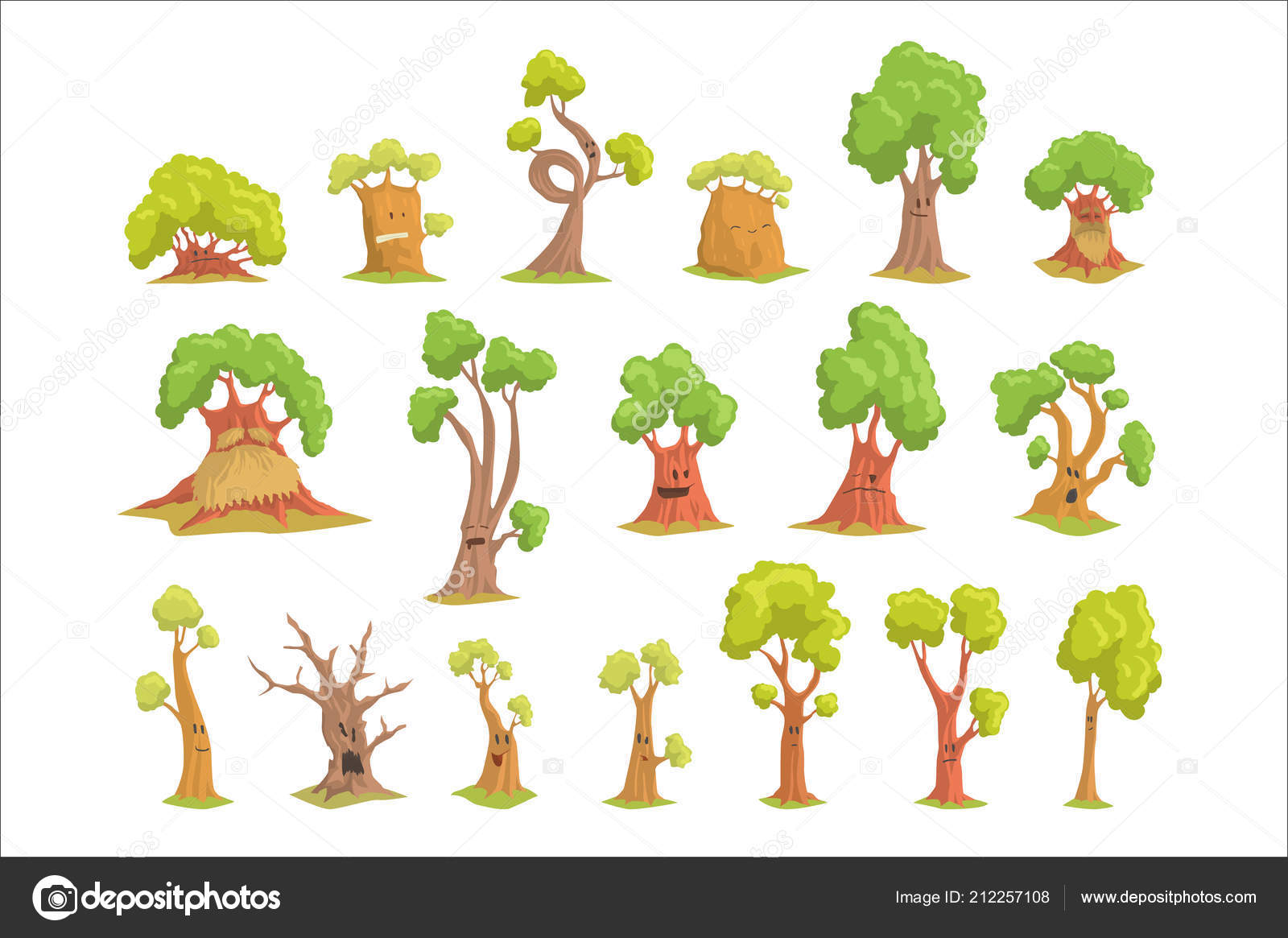 Cute tree characters set, funny humanized trees with different emotions ...