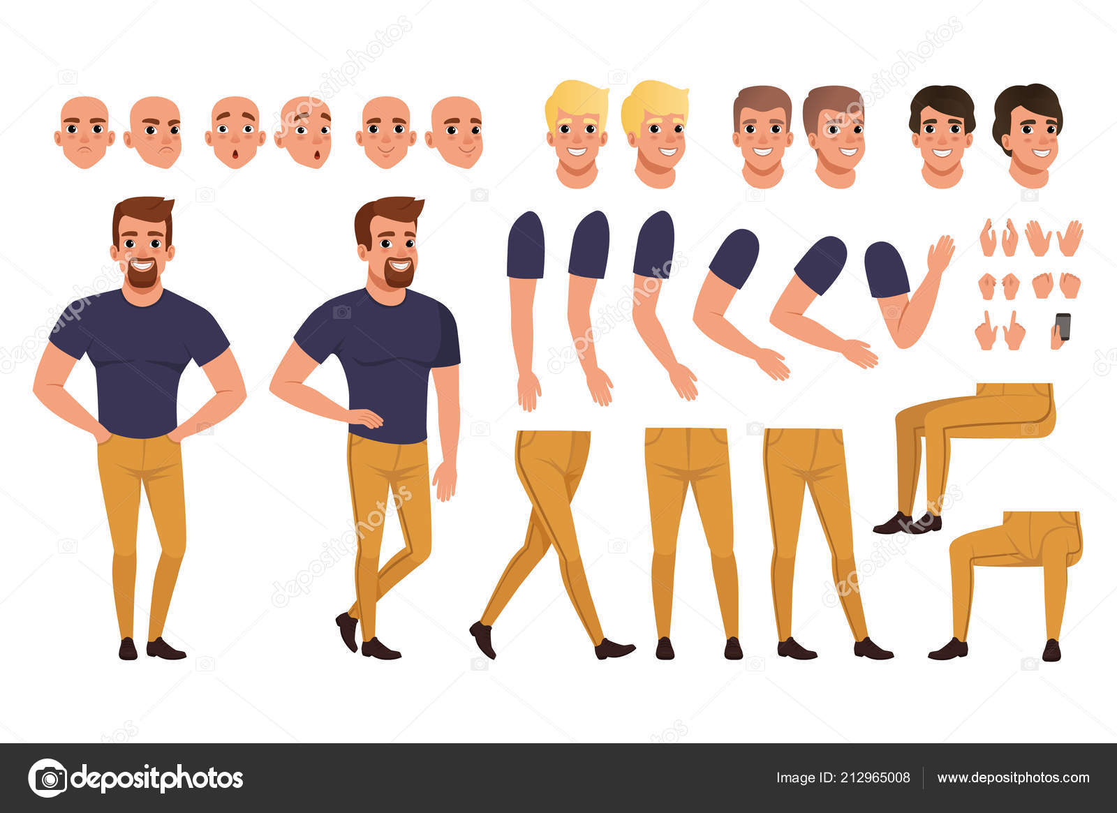 Handsome Man Creation Set Various Views Poses Face Emotions Haircuts Stock Vector Image by ...
