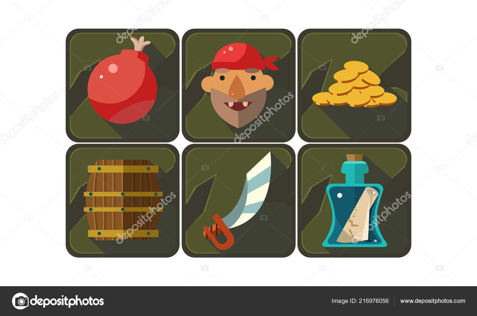 Flat vector set of pirate game symbols. Bomb, freebooter, golden coins ...