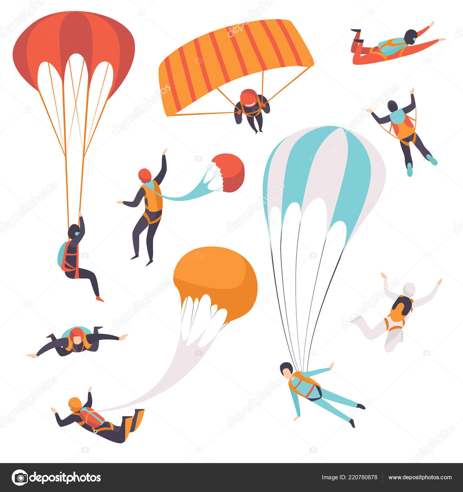 Paratroopers descending with parachutes set, skydiving, parachuting ...
