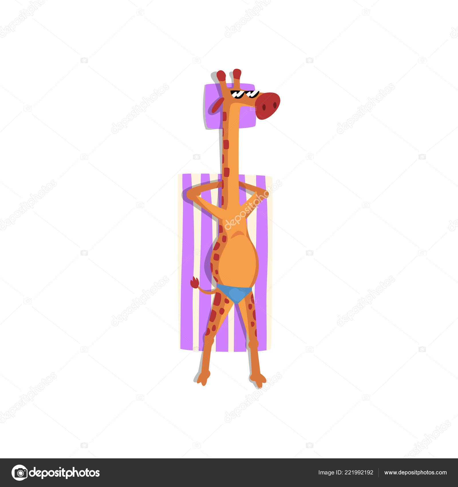 Giraffe sunbathing on the beach, cute animal cartoon character relaxing ...