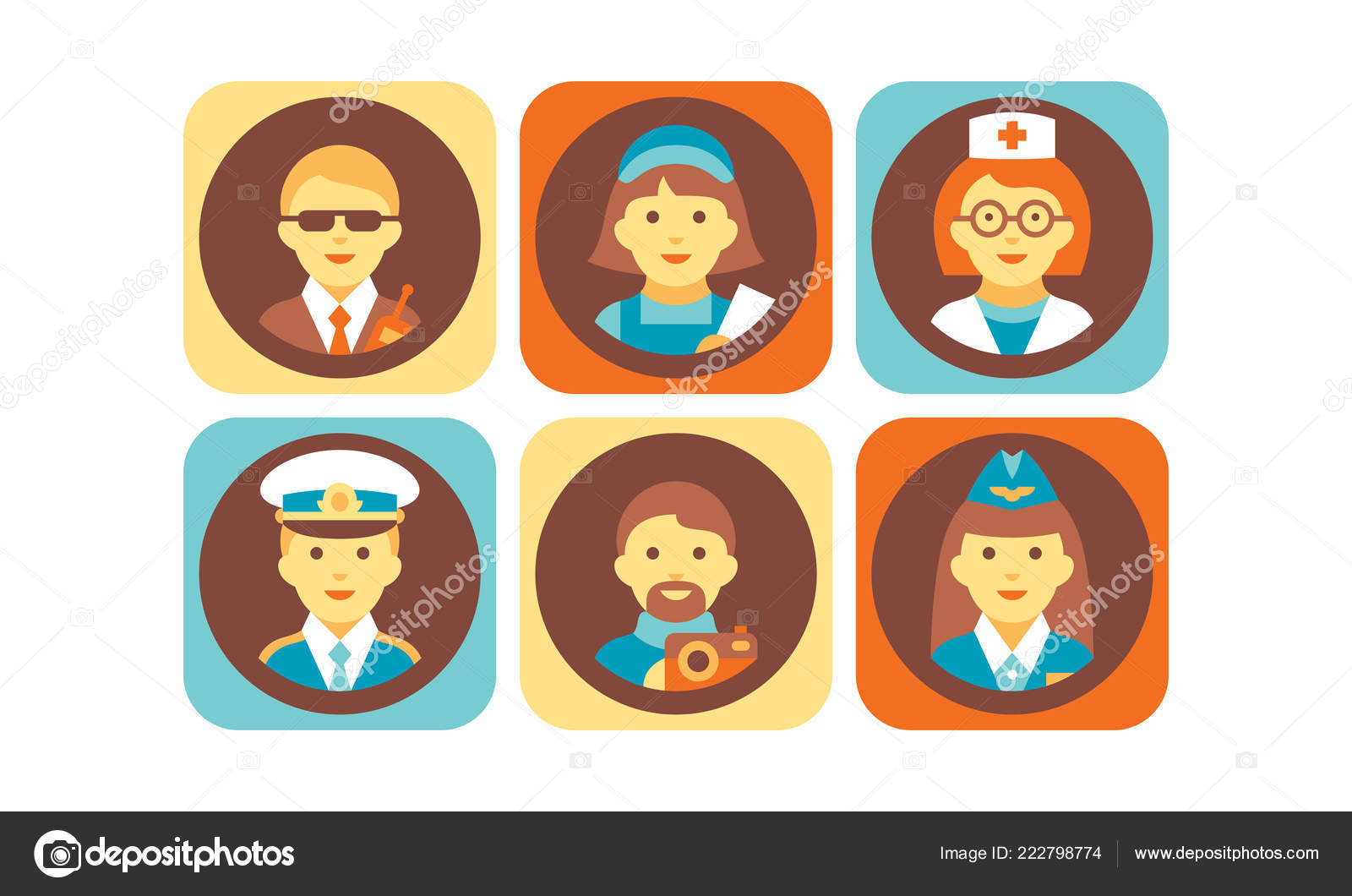 Profession icons set, bodyguard, nurse, doctor, pilot, stewardess ...