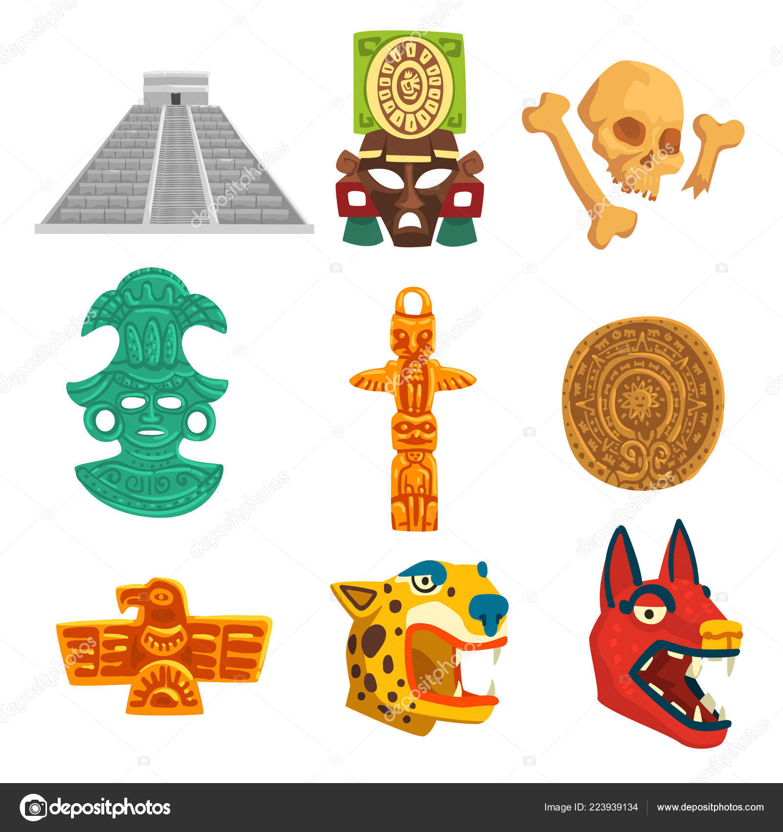 Maya civilization ethnic symbols set, American tribal culture elements ...