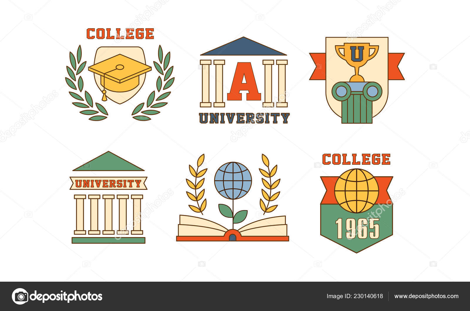 Vector set of emblems for universities and colleges. Flat outline logos ...