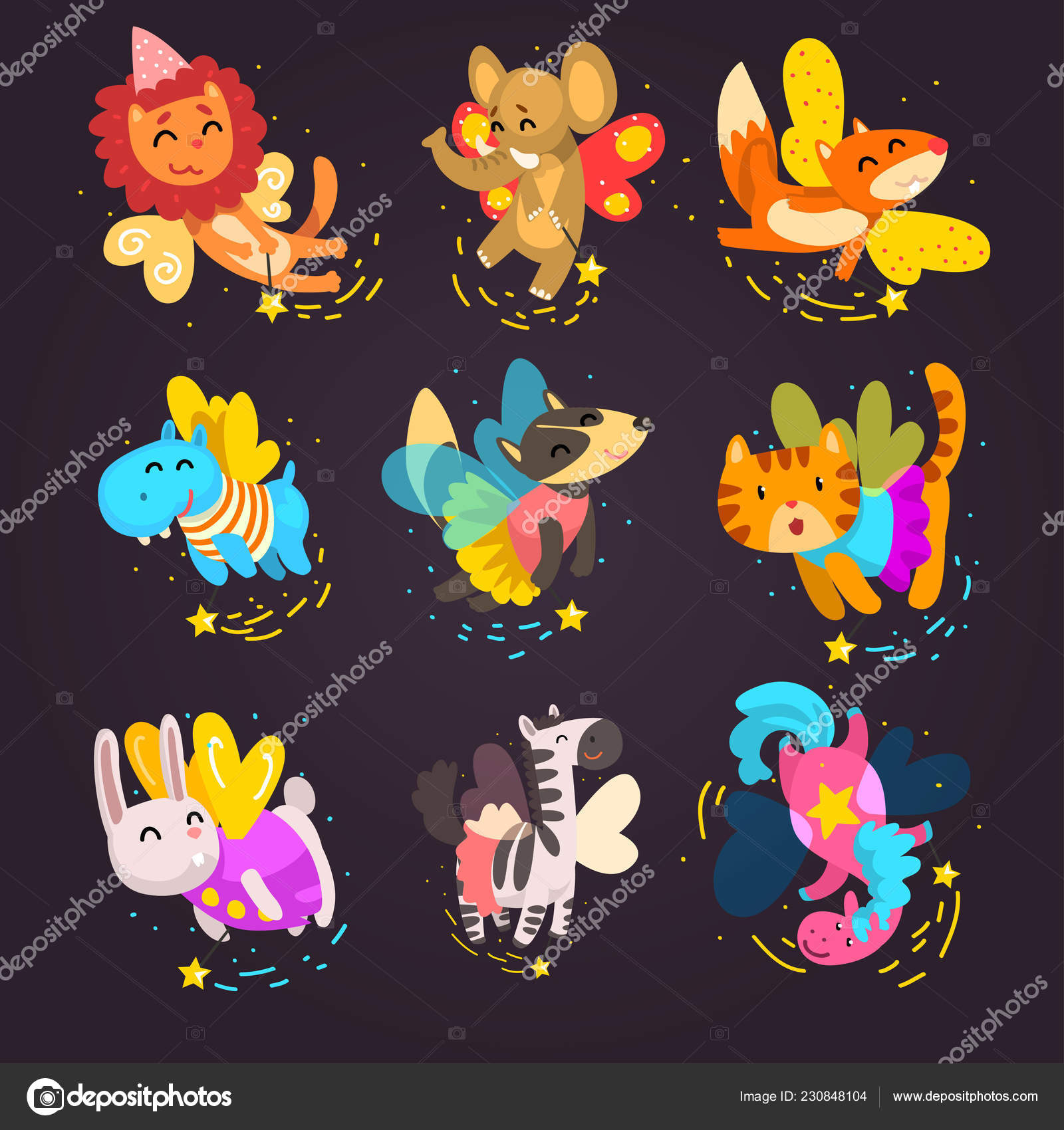 Collection of cute winged animals with a magic wands, fantasy fairy ...