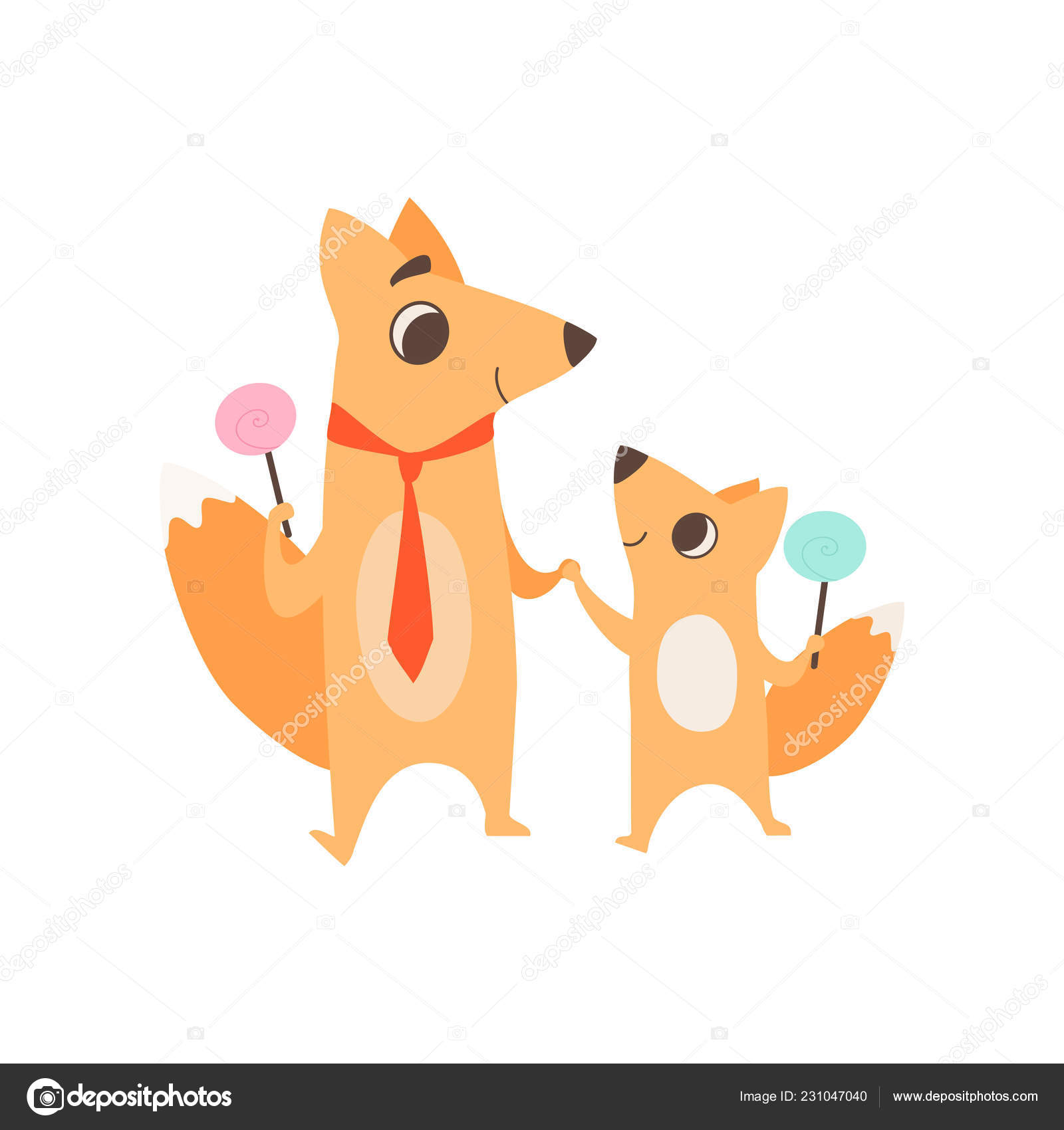 Loving father fox and his kid standing with lollipops, happy family of ...