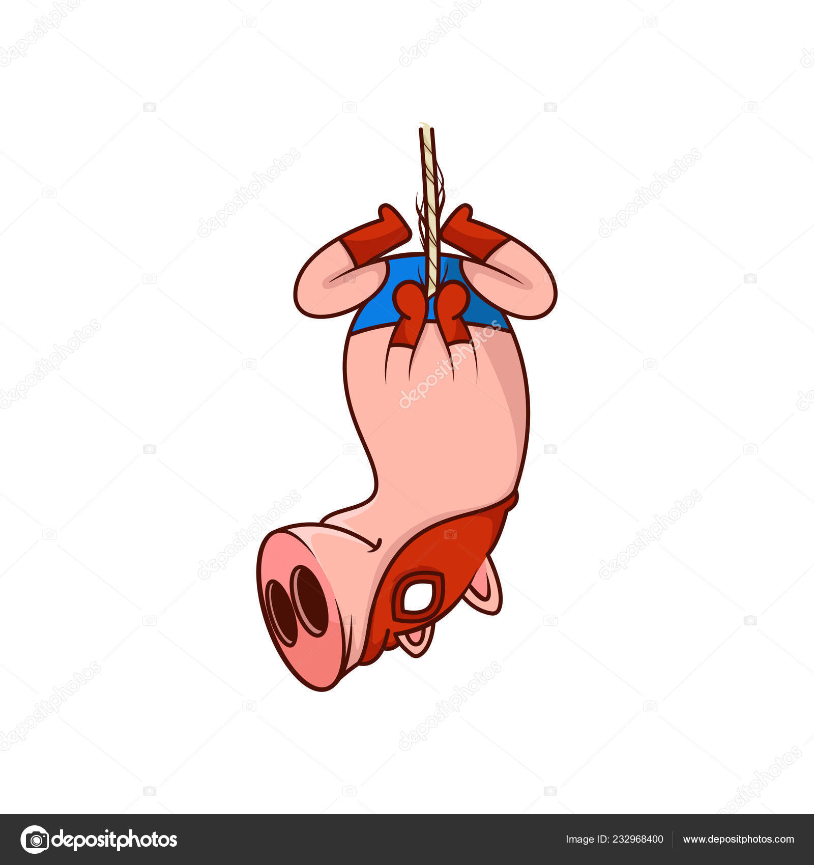 Pig superhero hanging on rope upside down. Funny humanized animal in ...