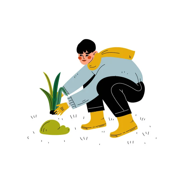 Young Man Cultivating Plant, Guy Working in Garden or Farm Vector ...