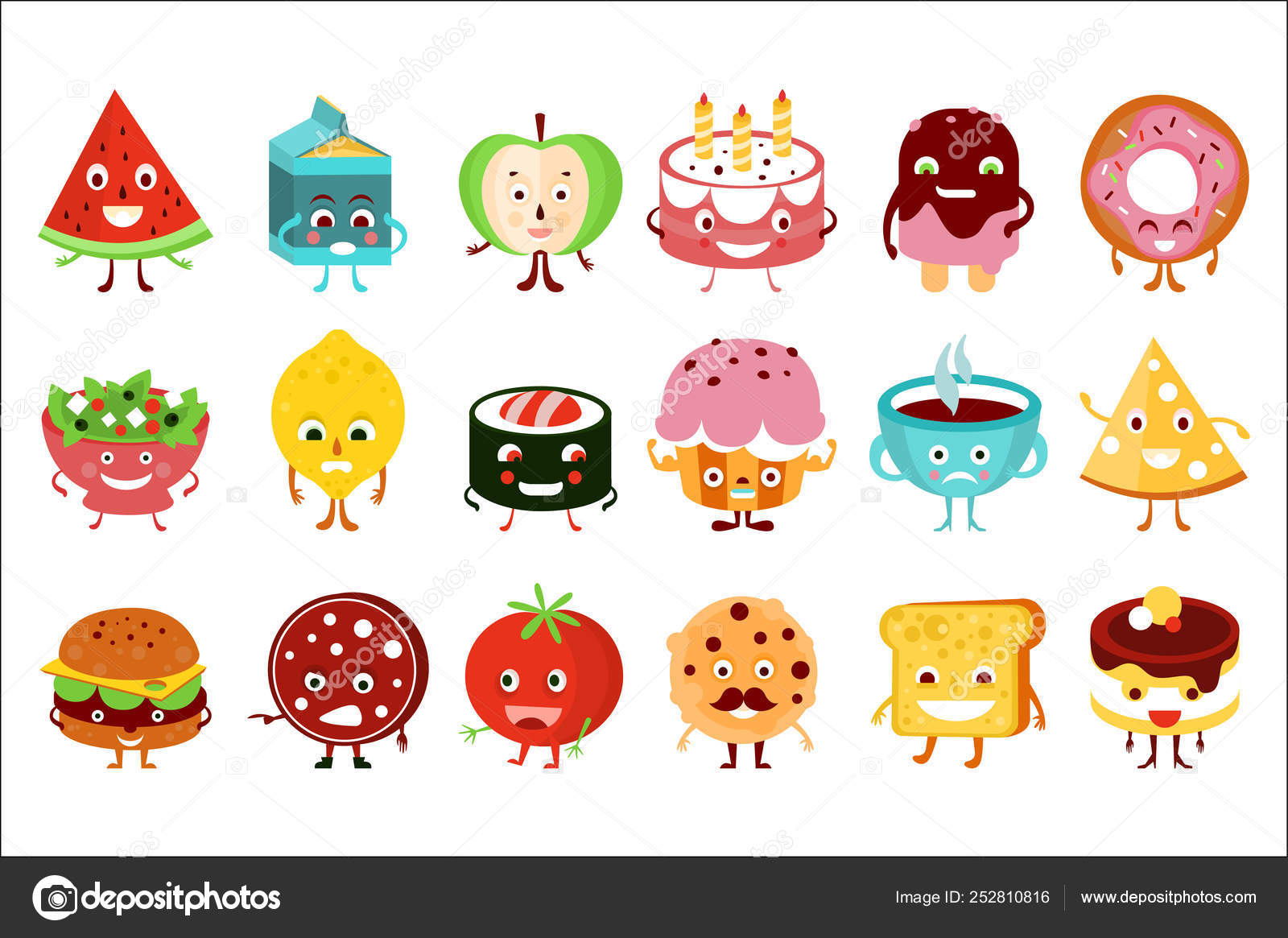 Image vectorielle Personnages amusants de nourriture et de boisson avec des visages drôles et ...