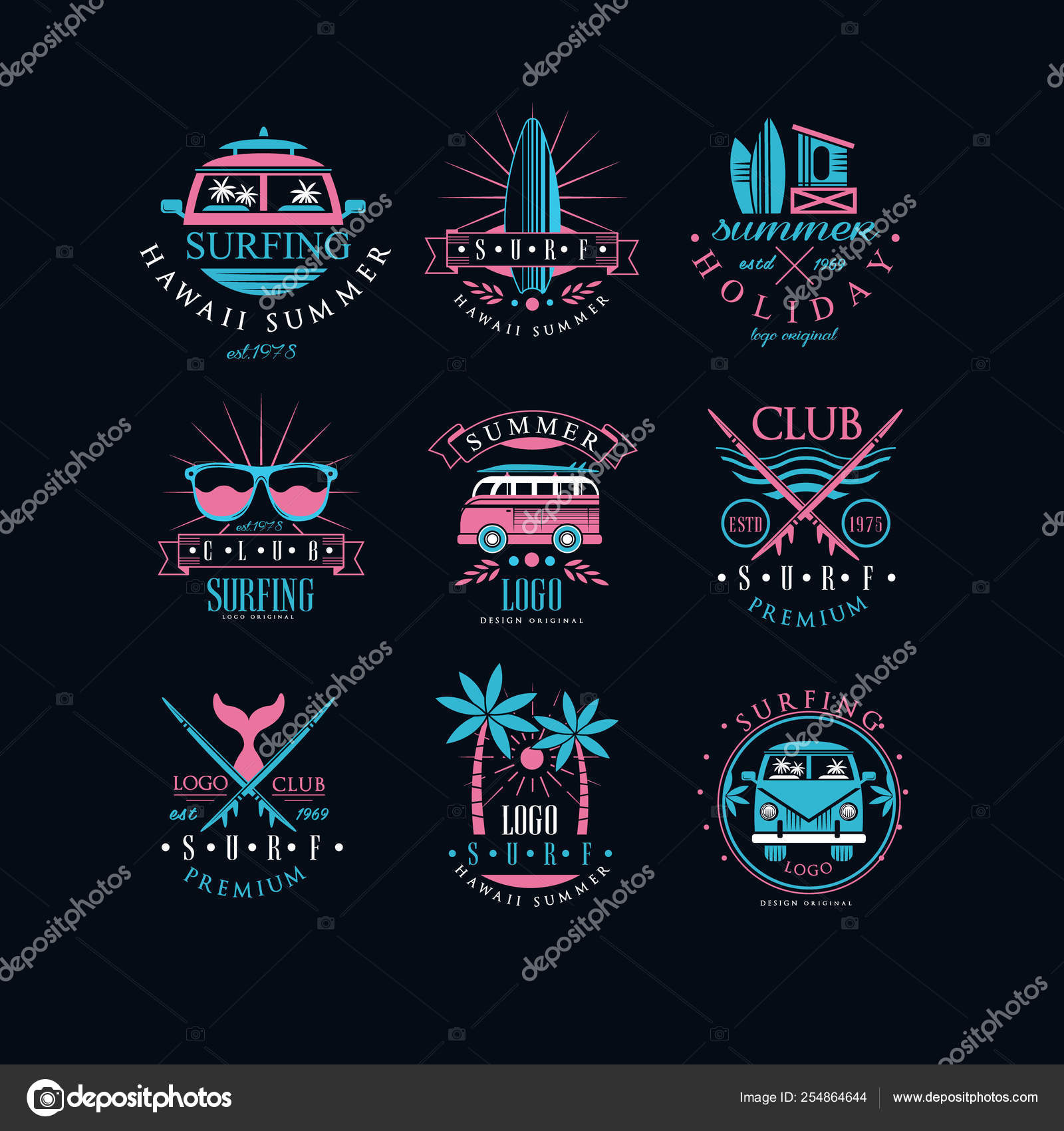 Vector set of original emblems for surfing club. Vintage logos with ...