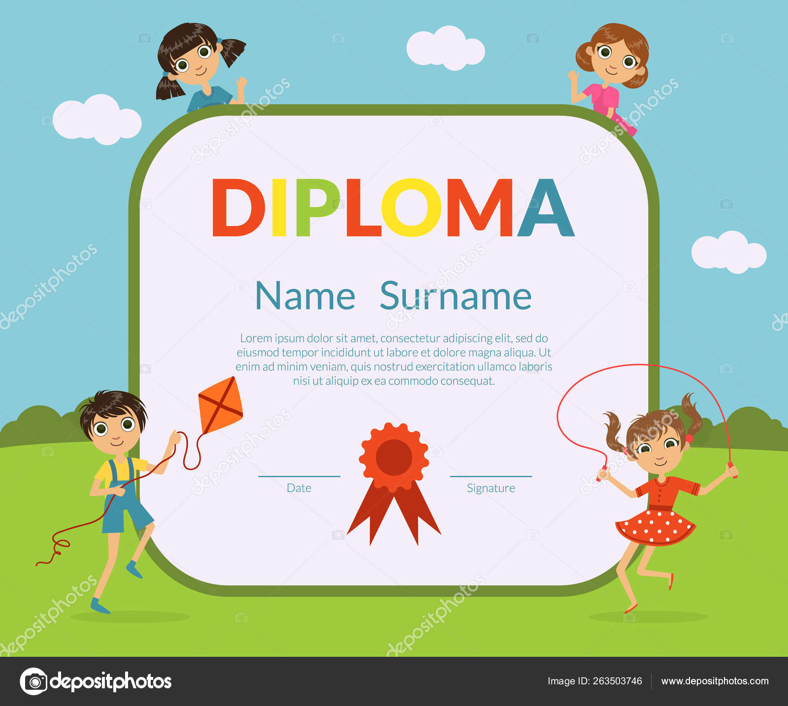 Színes diploma sablon Kids with hely for your szöveg, Preschool, óvoda ...