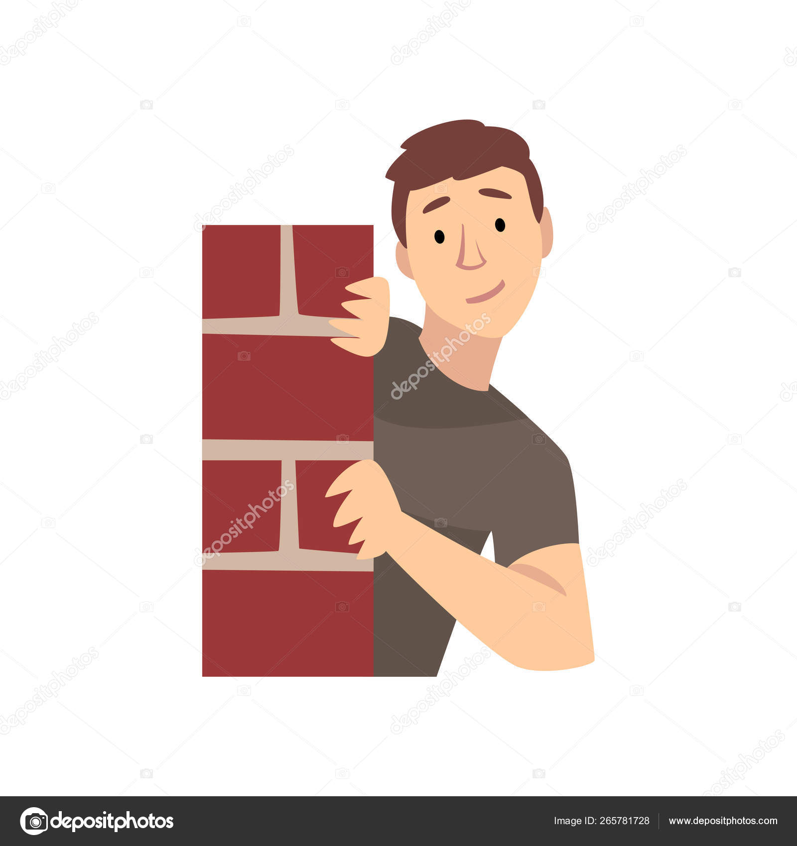 Young Man Looking From Behind Corner of Brick Wall Cartoon Vector ...