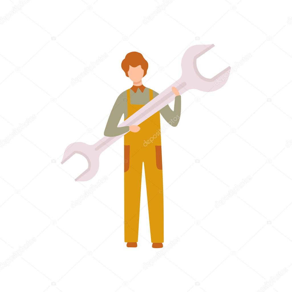 Reparador profesional con la herramienta gigante de la llave, carácter ...