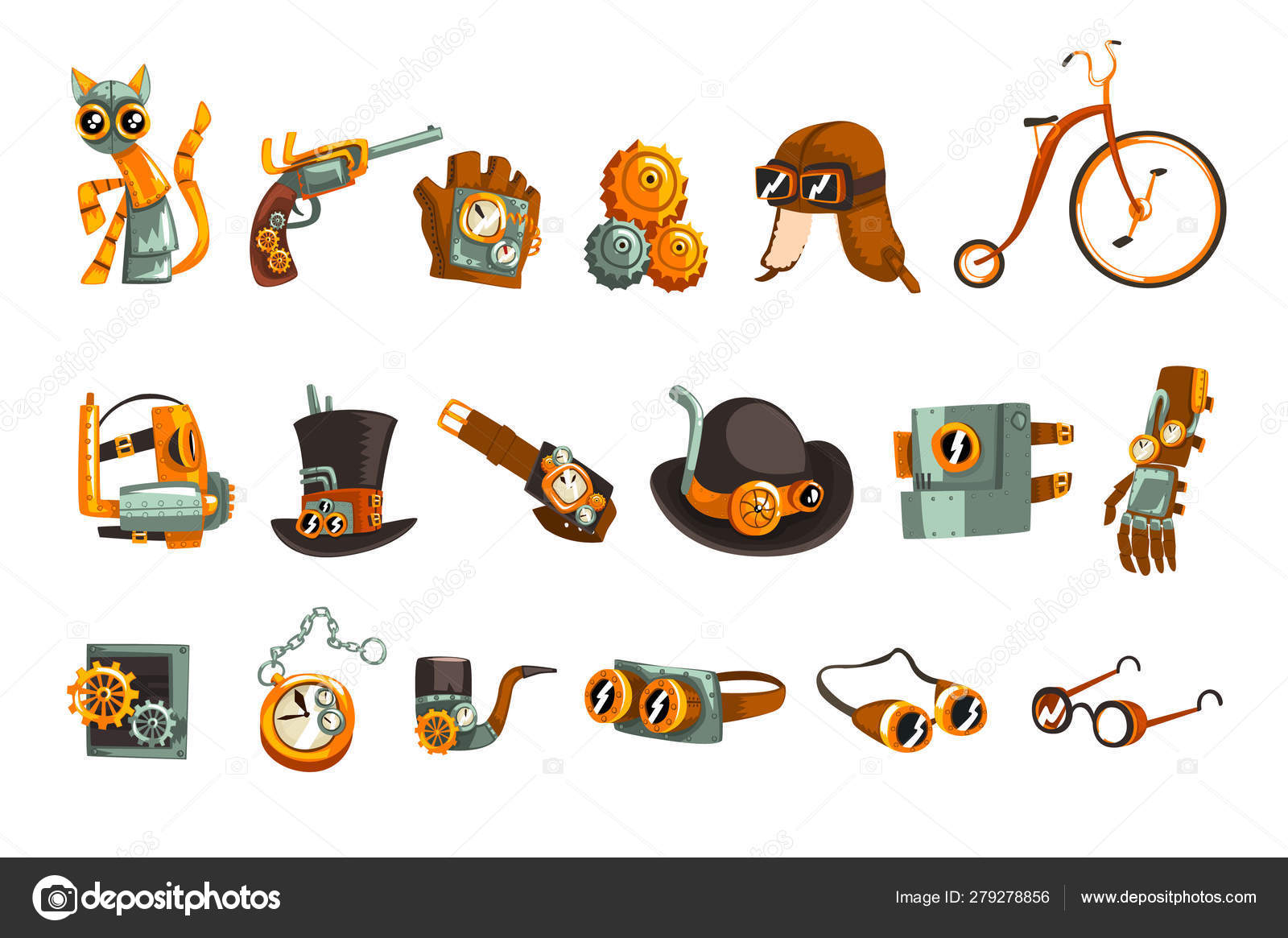 Steampunk objects and mechanism set, antique mechanical devices ...