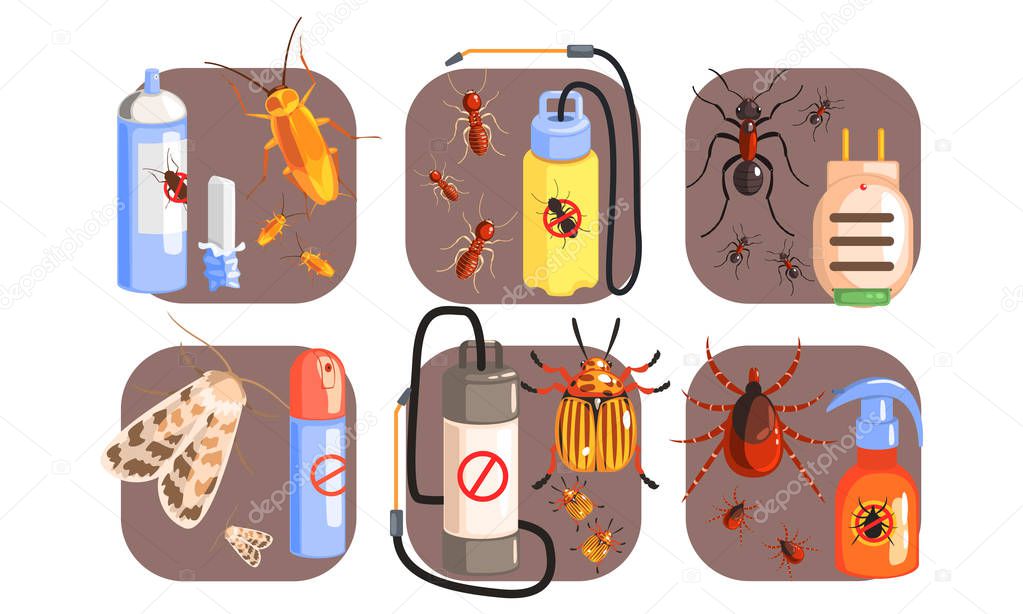 Set de iconos de control de plagas, exterminio de insectos nocivos ...