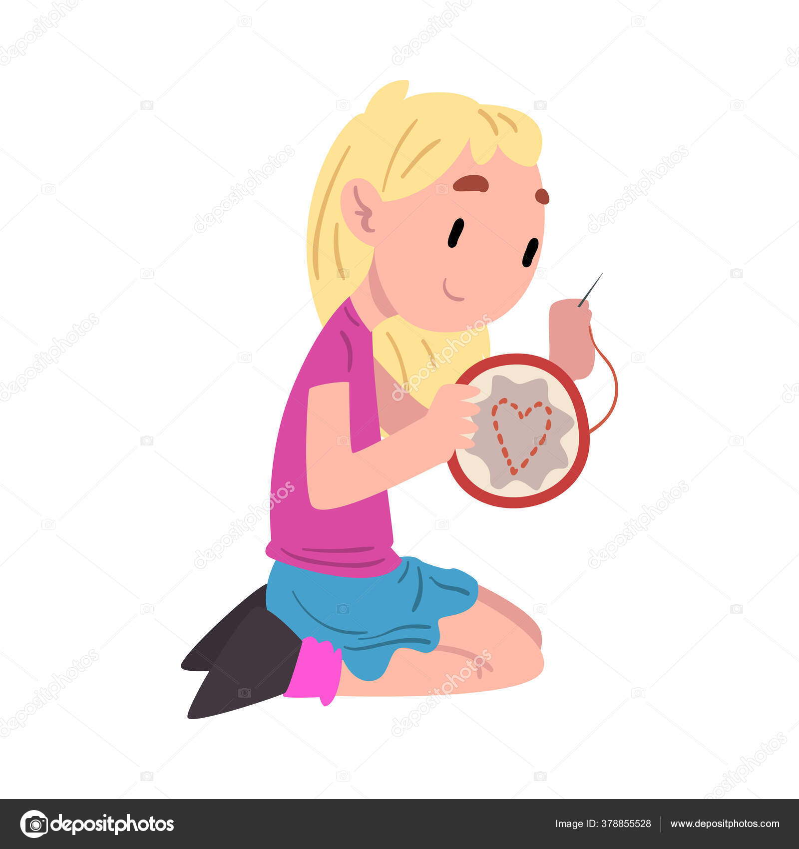 Image vectorielle Fille mignonne assise sur le sol et brodant, Activité de routine quotidienne ...