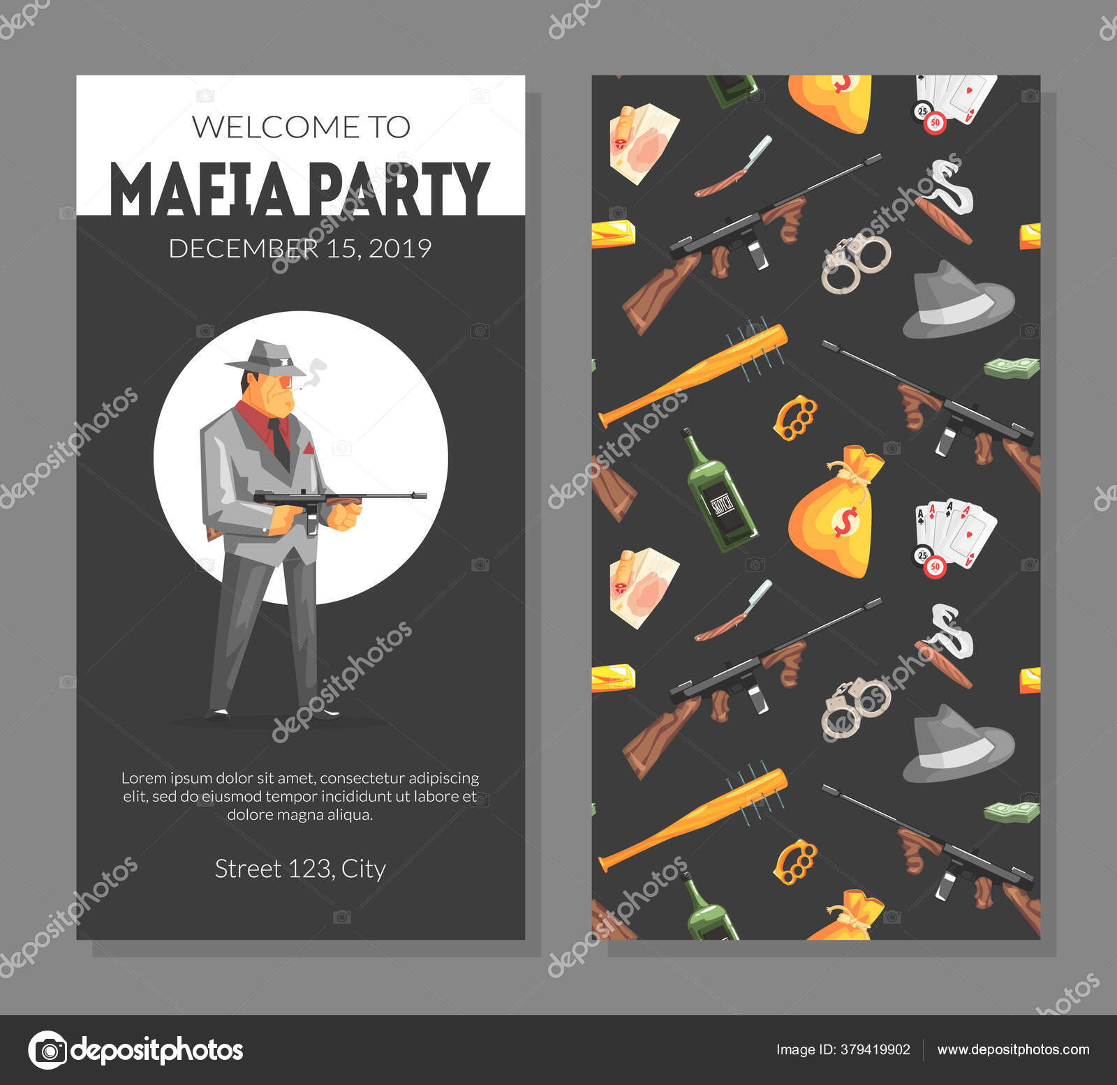 Mafia Party Card Template with Gangsters Objects Pattern, Invitation ...