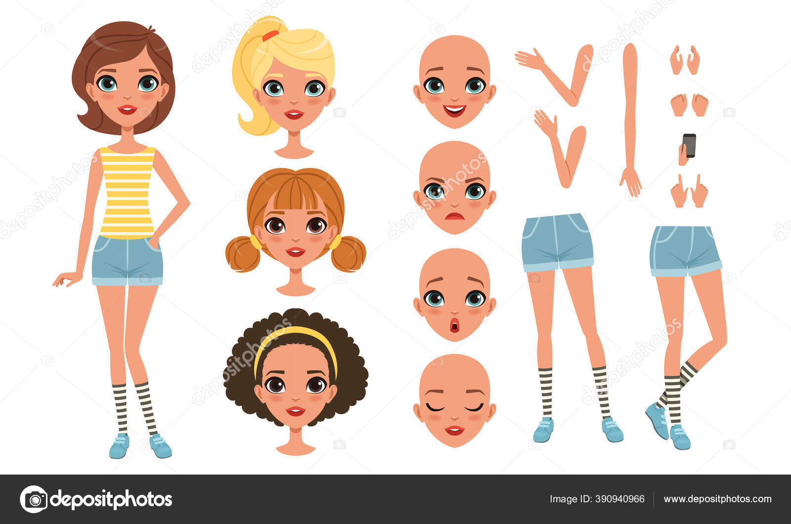 Cute Girl Constructor for Animation, Front View of Female Character in ...